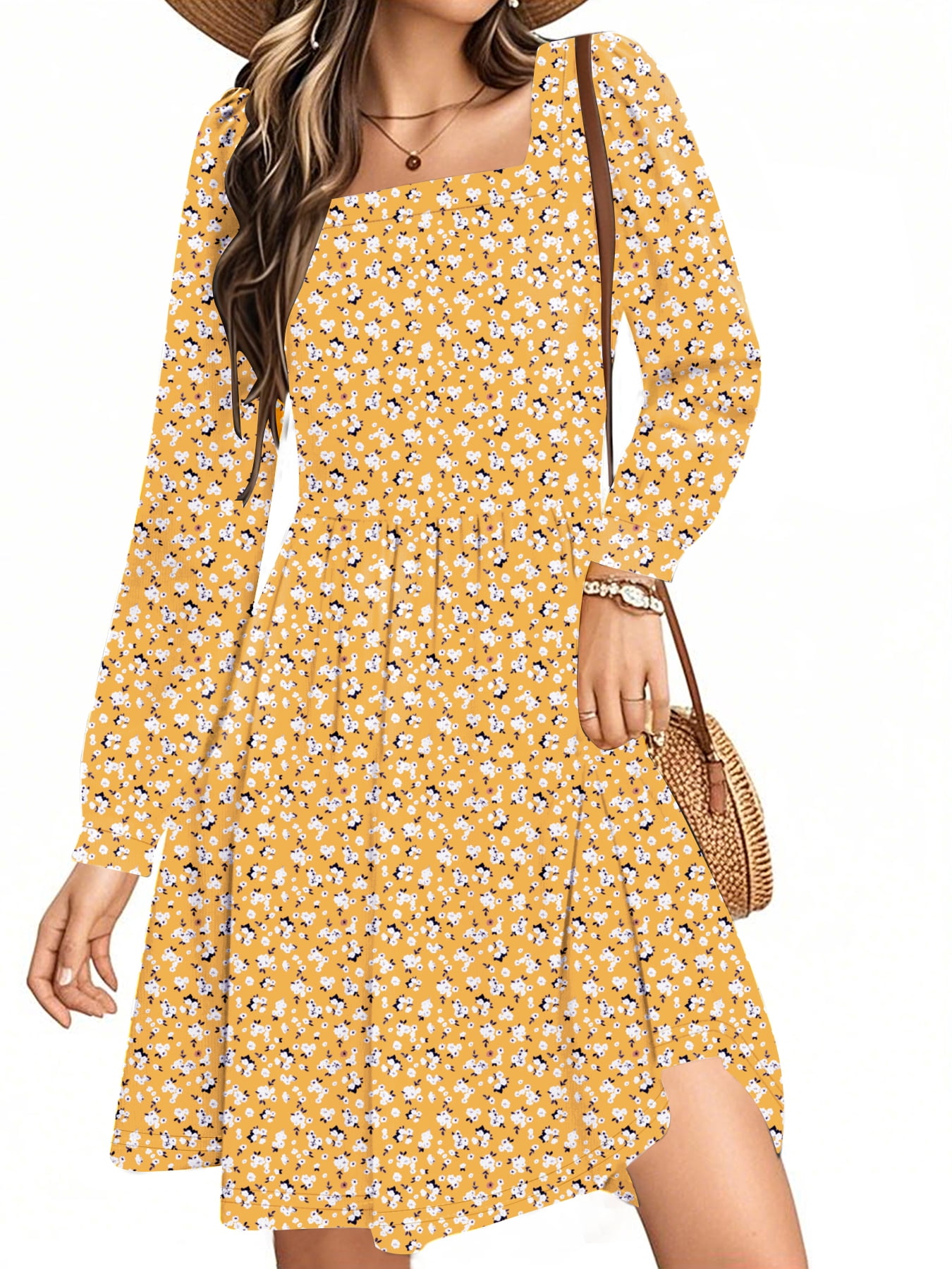 UVN Dresses for Women Fall Long Sleeve Square Neck Dress Boho Floral ...