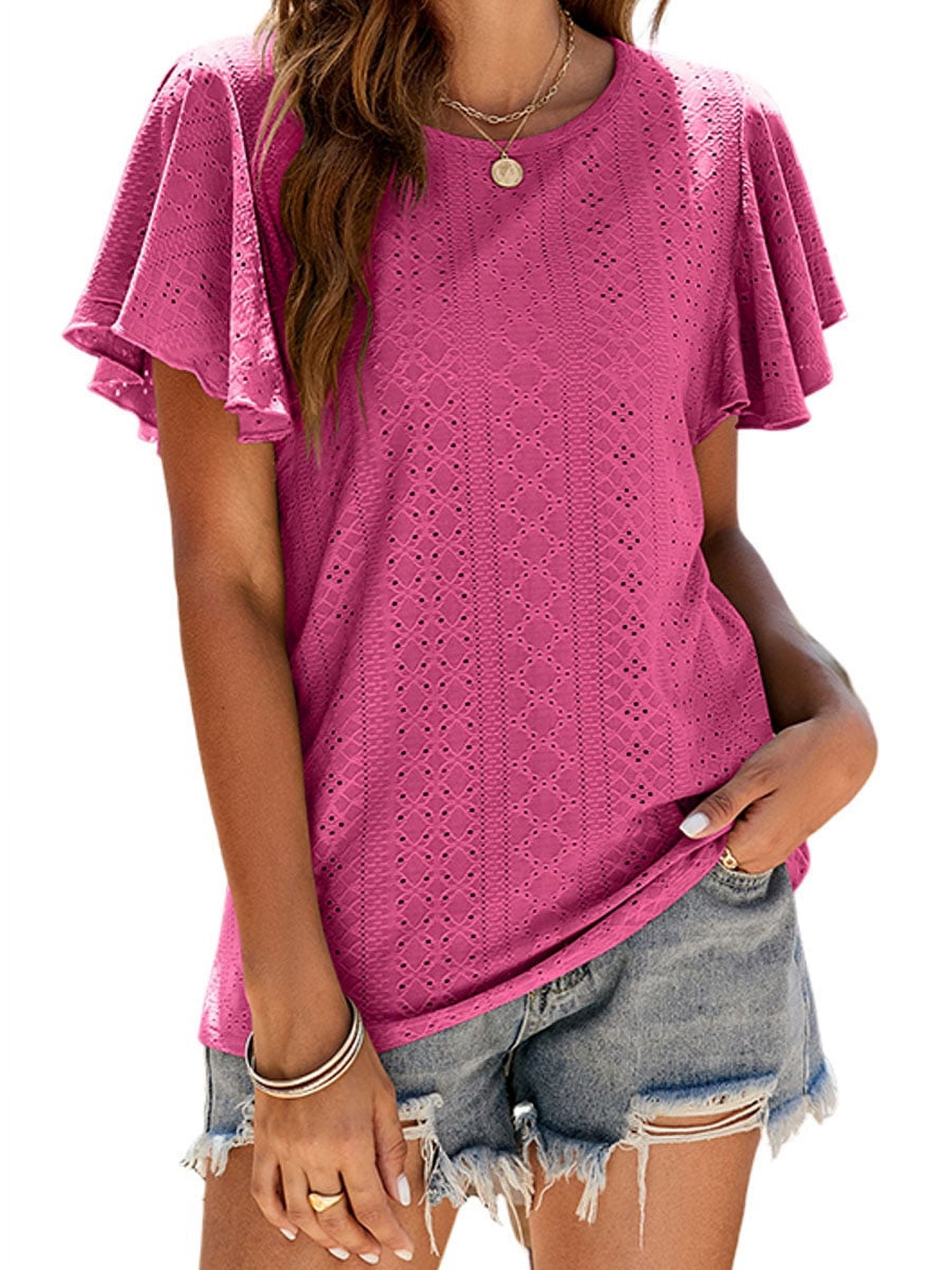 UVN Eyelet Embroidery T Shirt for Women Summer Ruff Short Sleeve Blouse ...