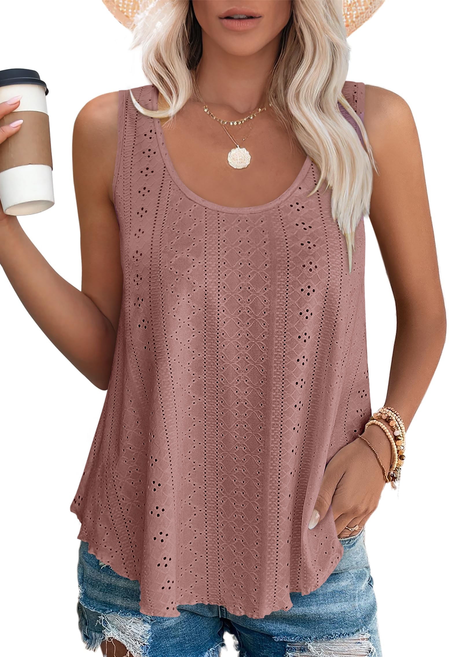 UVN Eyelet Tank top for Women Casual Sleeveless Shirts Summer Embroidery Tank Solid loose Fit ...