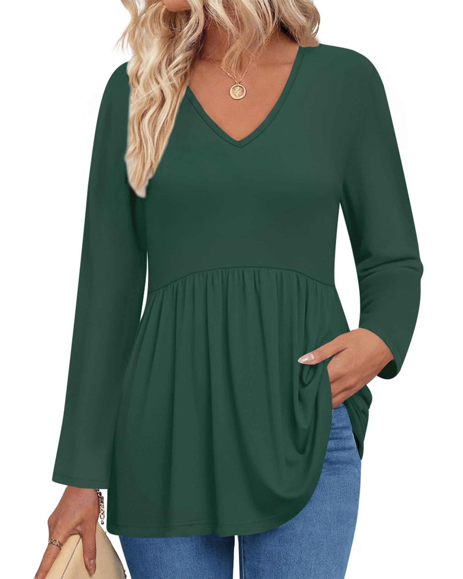 UVN Fall Blouses for Women Long Sleeve V Neck Peplum Tunic Tops Casual ...