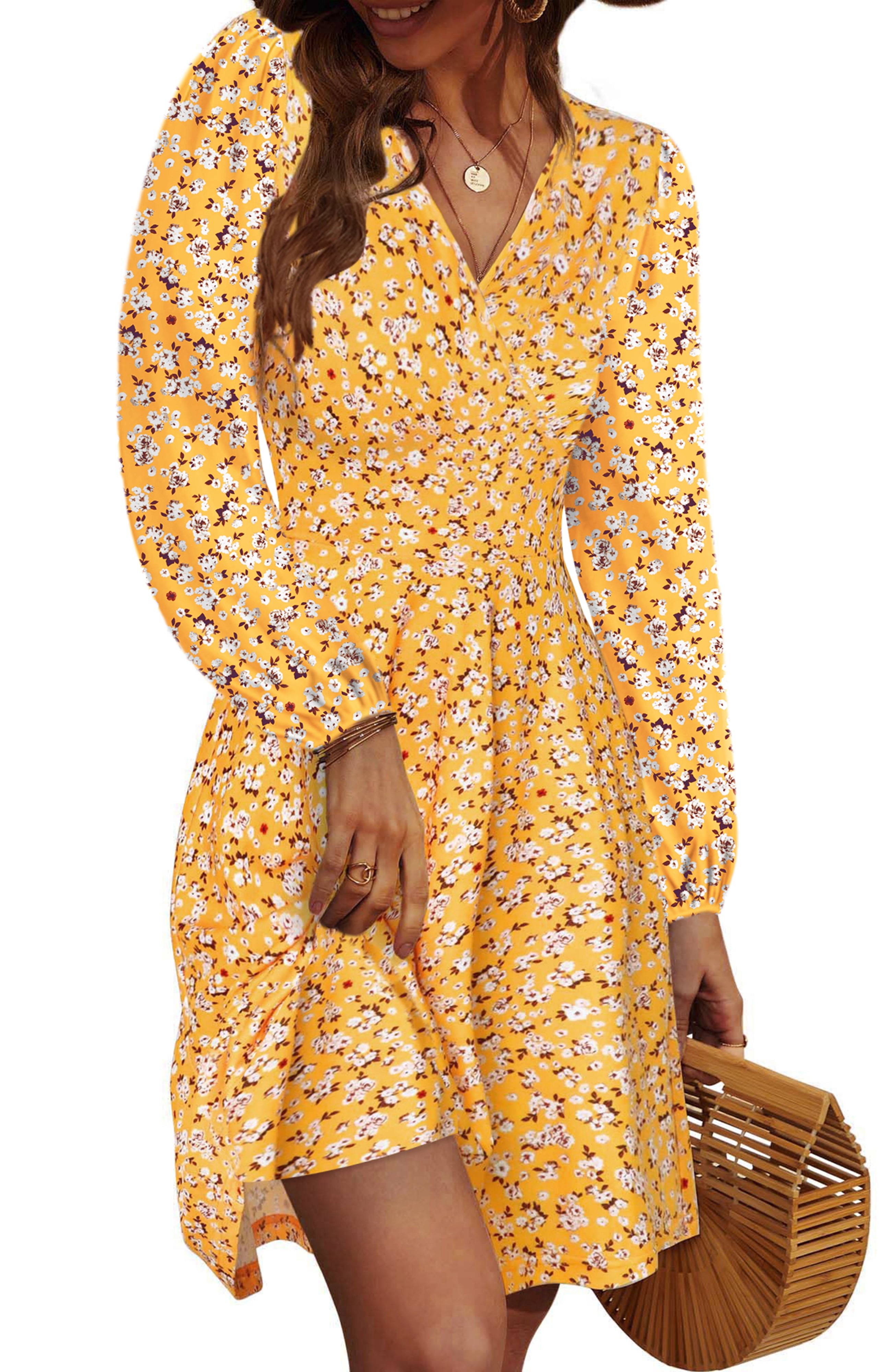 UVN Fall Dresses for Women Long Sleeve V Neck A-Line Midi Dress Boho ...