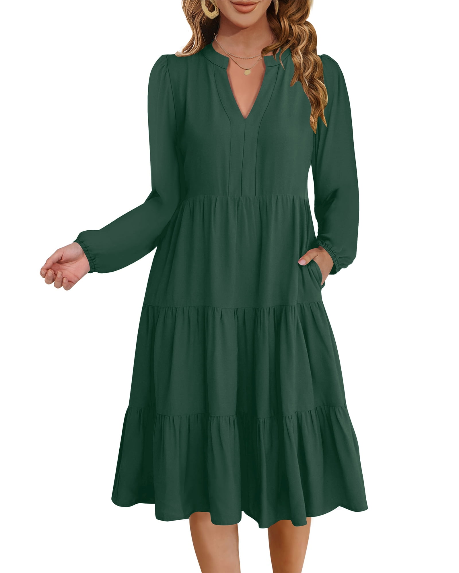 UVN Fall Dresses for Women Long Sleeve V Neck Midi Dress Casual Loose ...