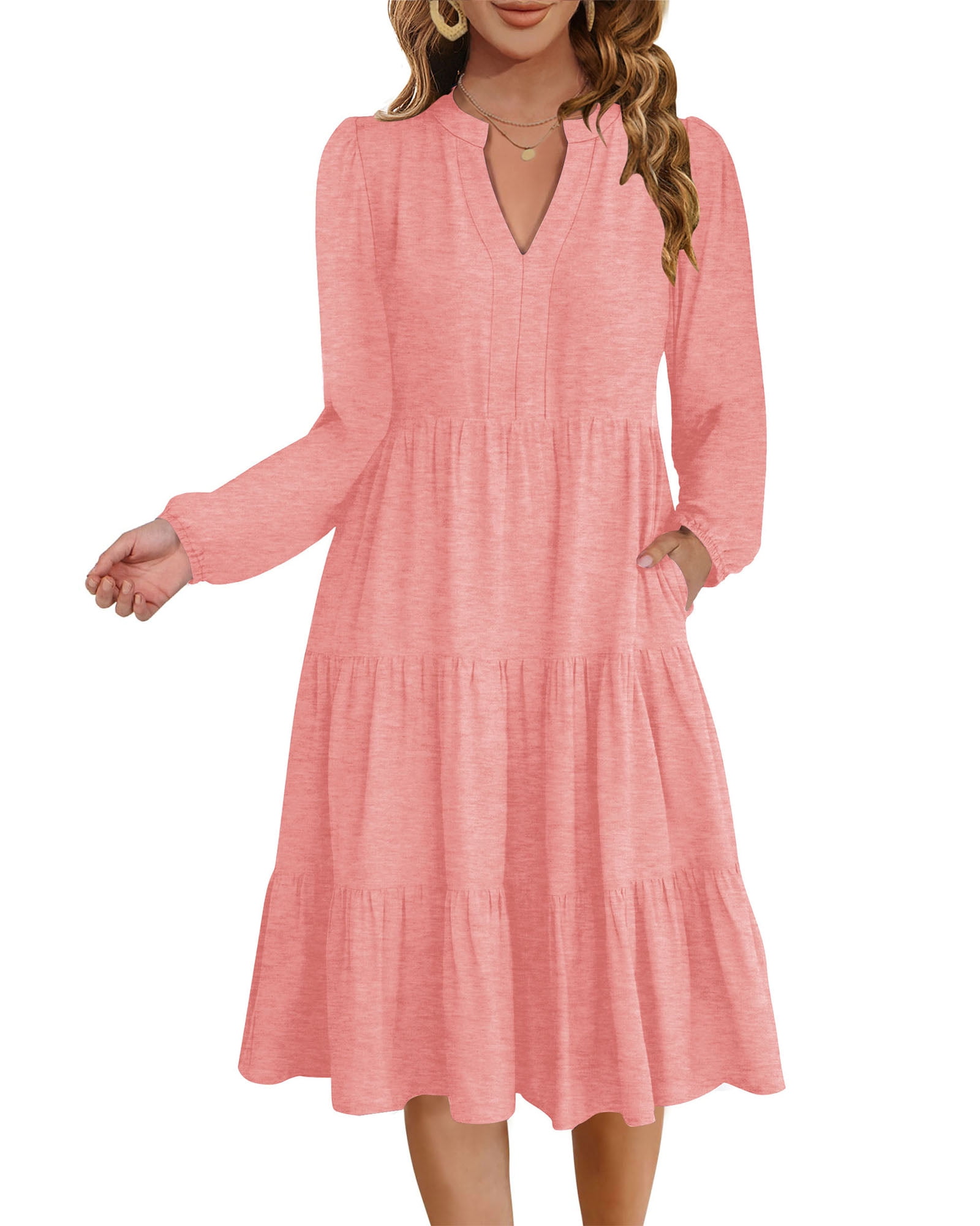 UVN Fall Dresses for Women Long Sleeve V Neck Midi Dress Casual Loose ...