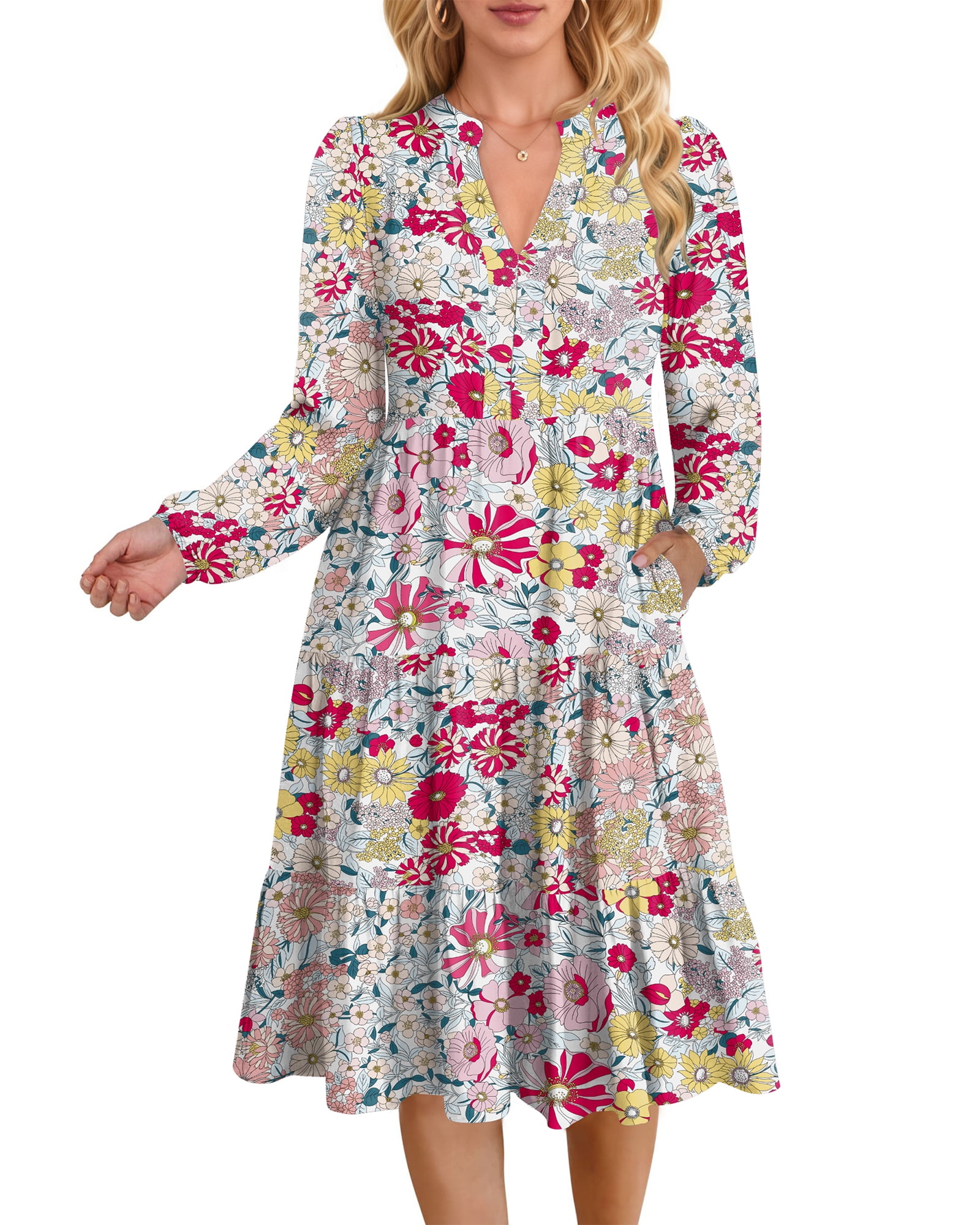 UVN Fall Dresses for Women Long Sleeve V Neck Midi Dress Casual Loose ...