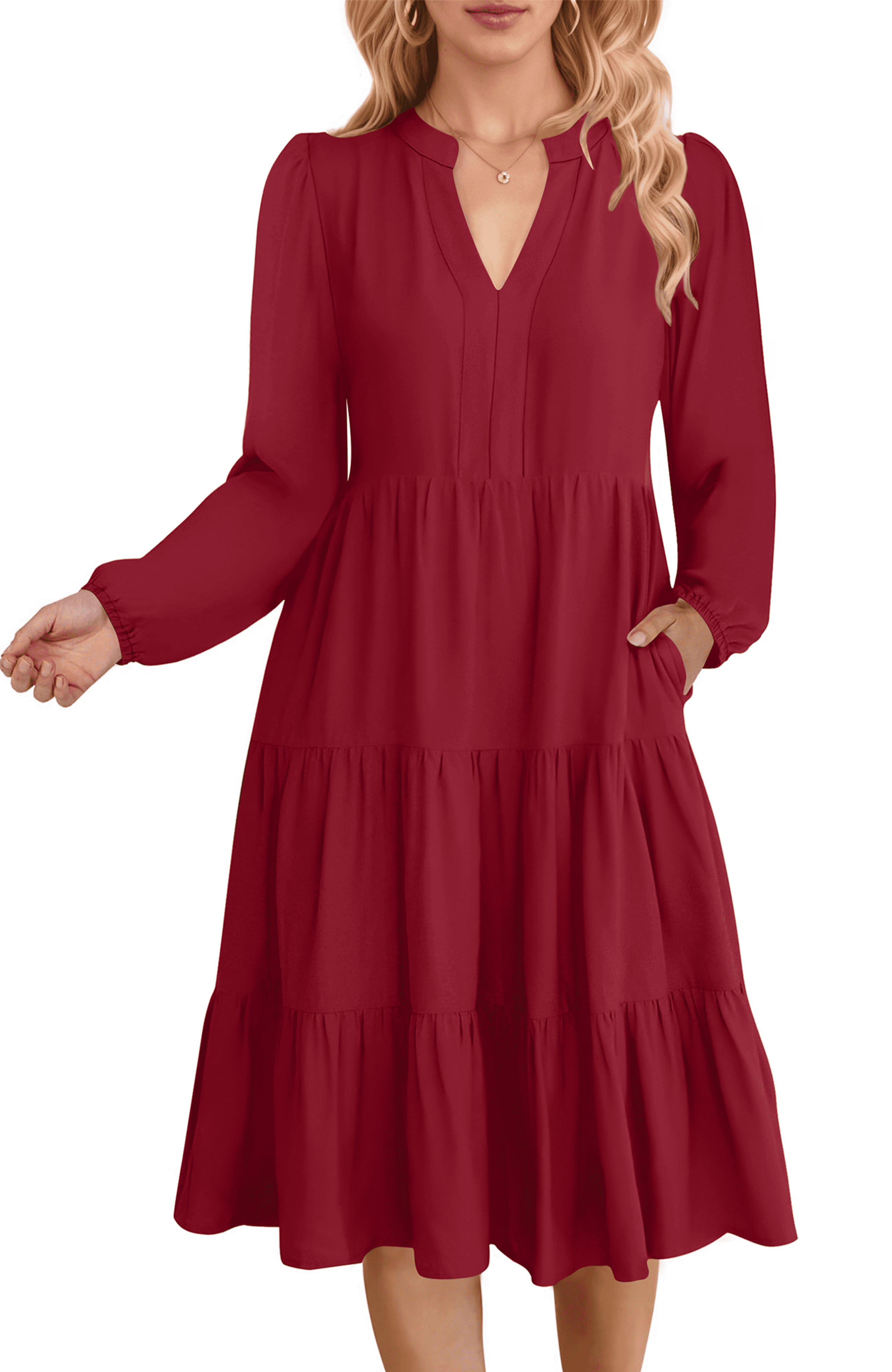 UVN, Fall Dresses for Women, Midi Dress, Long Sleeve V Neck, Pockets ...