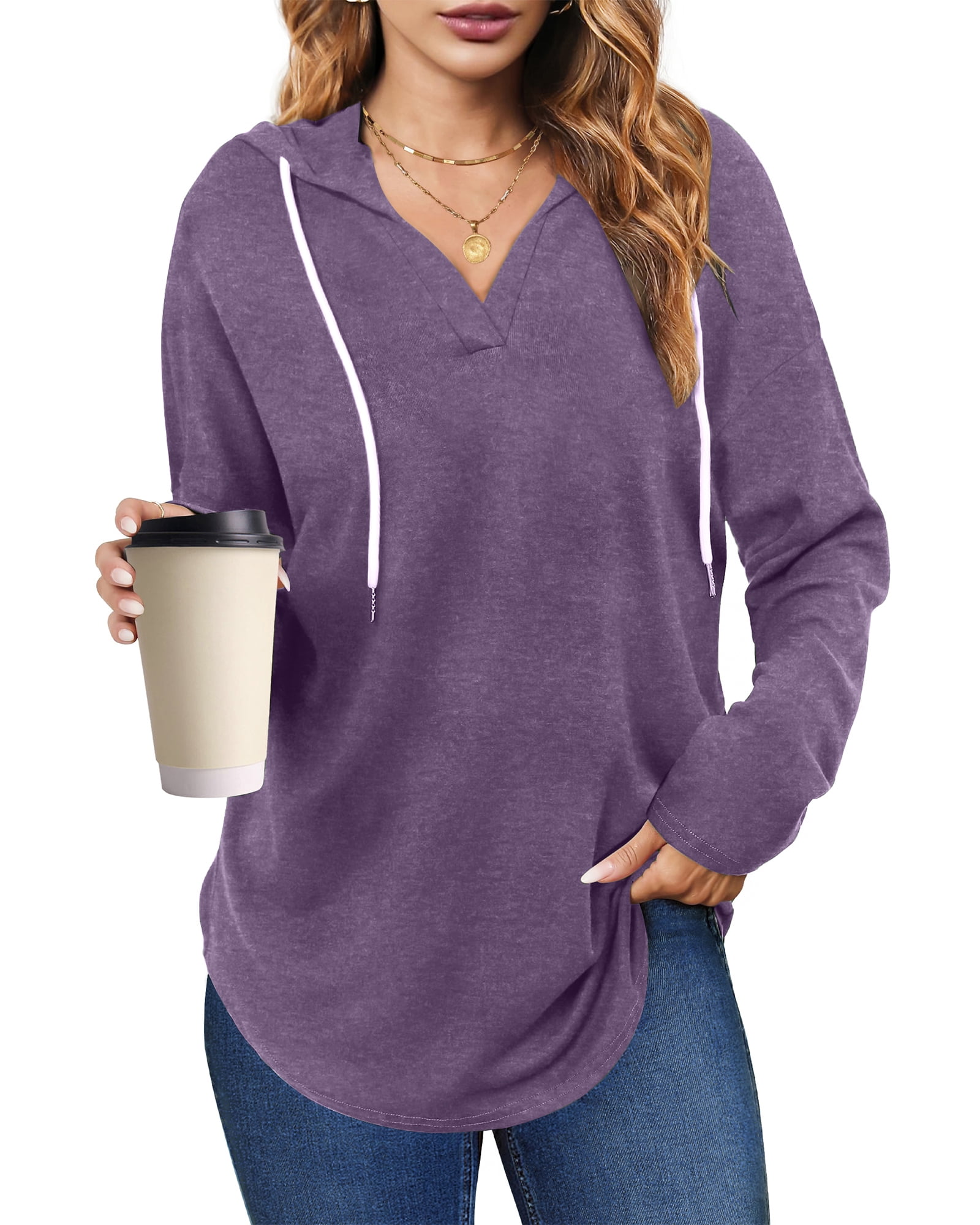 UVN Fall Hoodies for Women Long Sleeve V Neck Hooded Sweatshirts Ladies ...