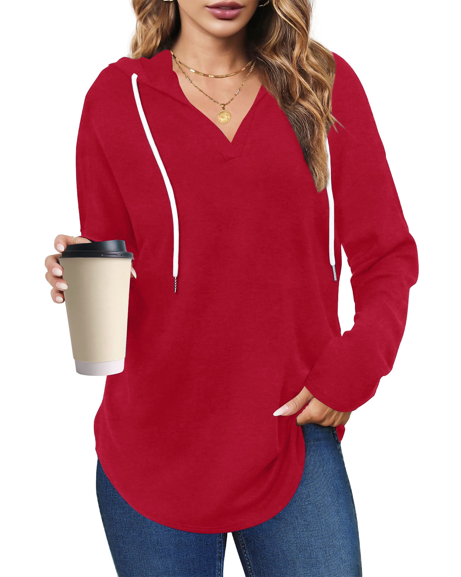 UVN Fall Hoodies for Women Long Sleeve V Neck Hooded Sweatshirts Ladies ...