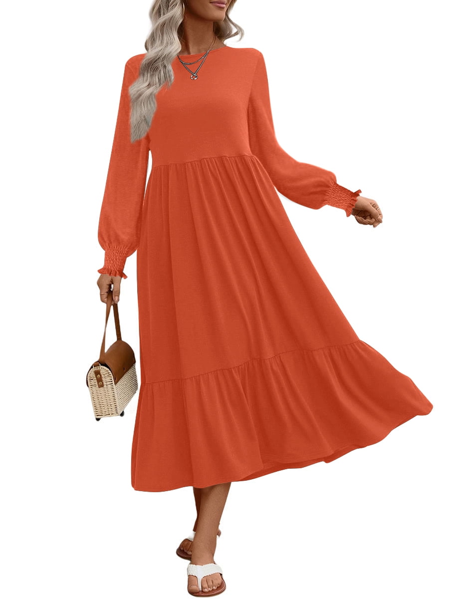 UVN Fall Long Dress for Women Crewneck Casual Long Sleeve Pleated ...