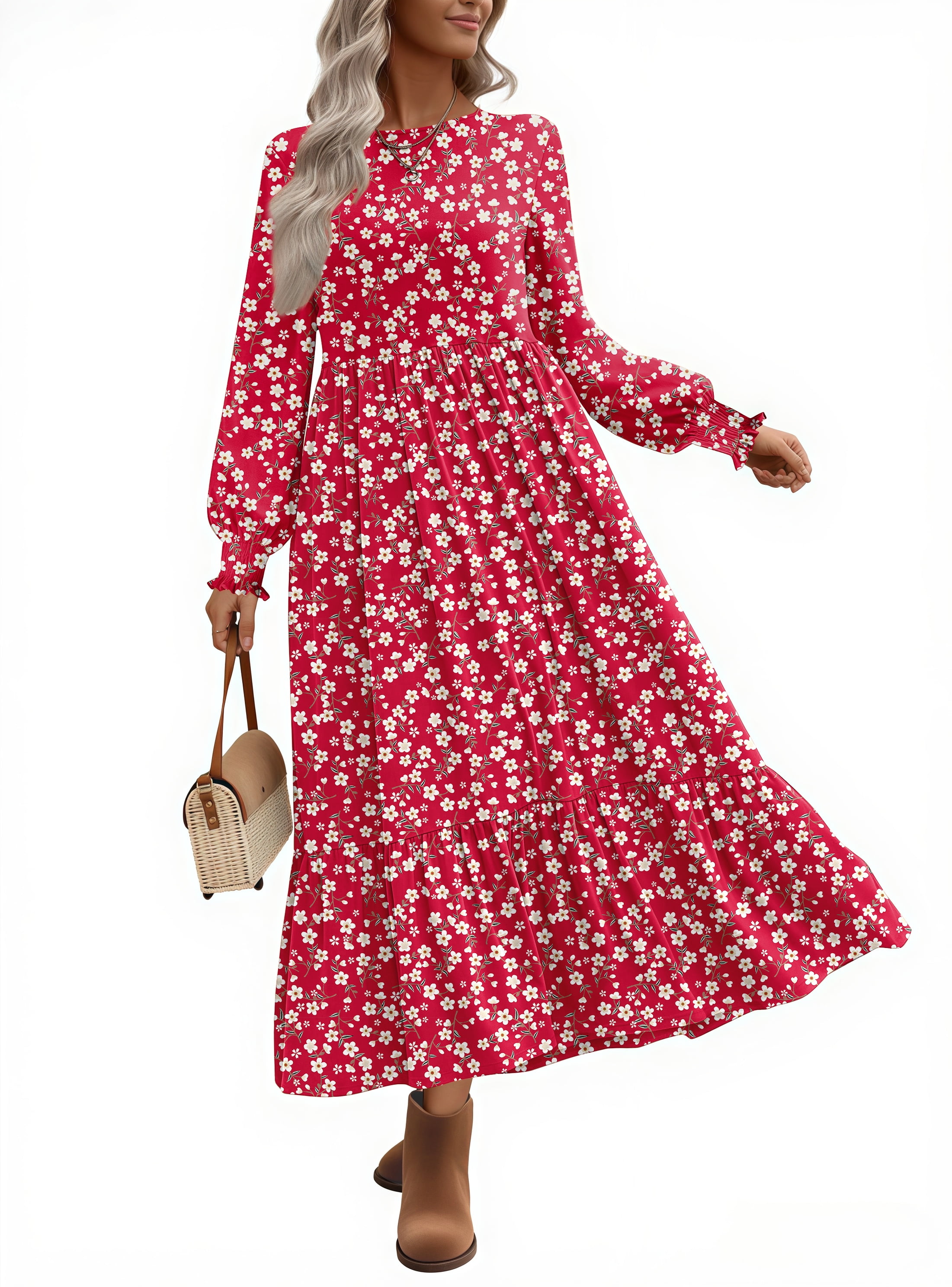 UVN Fall Long Dress for Women Crewneck Casual Long Sleeve Pleated ...