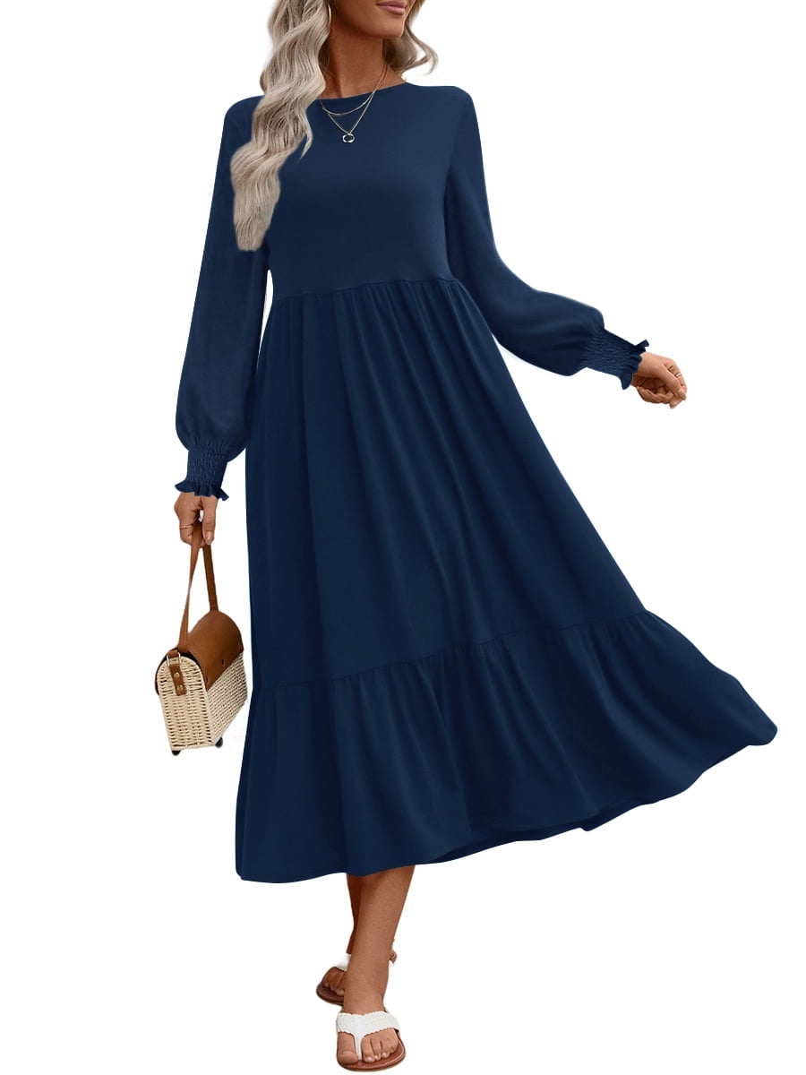 UVN Fall Long Dress for Women Crewneck Casual Long Sleeve Pleated ...