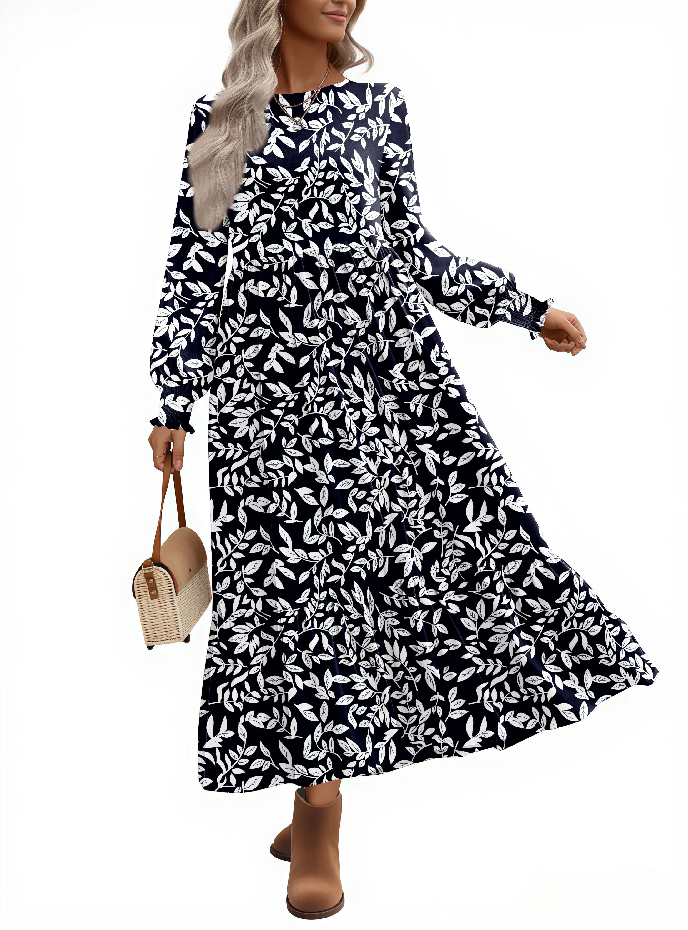 UVN Fall Long Dress for Women Crewneck Casual Long Sleeve Pleated ...