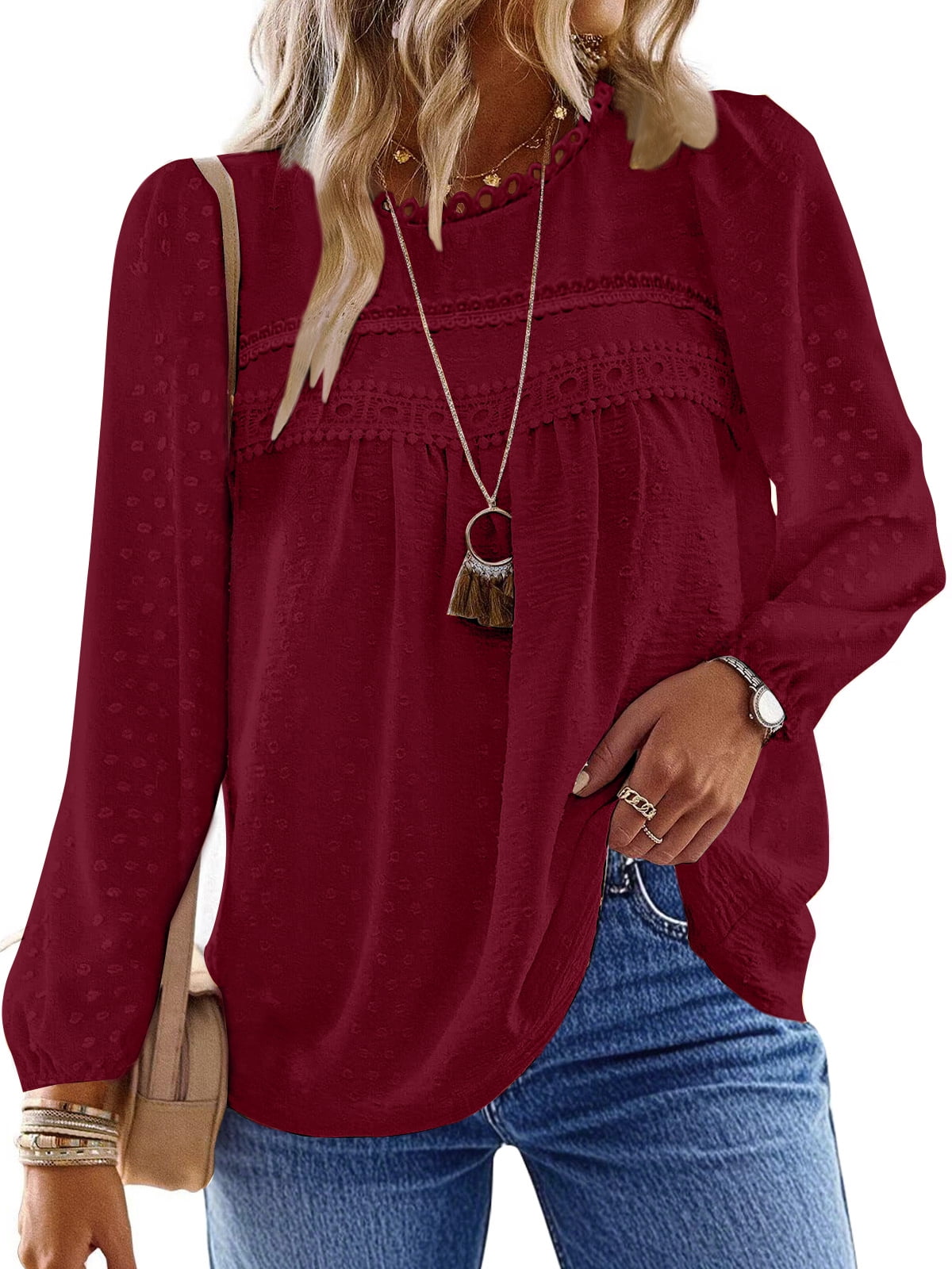 UVN Fall Shirts for Women Long Sleeve Blouses Ladies Crewneck Lace ...