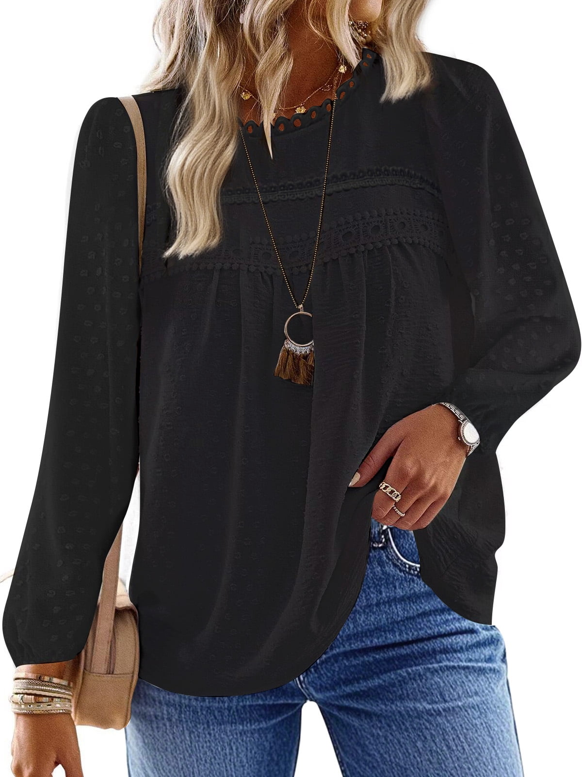 UVN Fall Shirts for Women Long Sleeve Blouses Ladies Crewneck Lace ...
