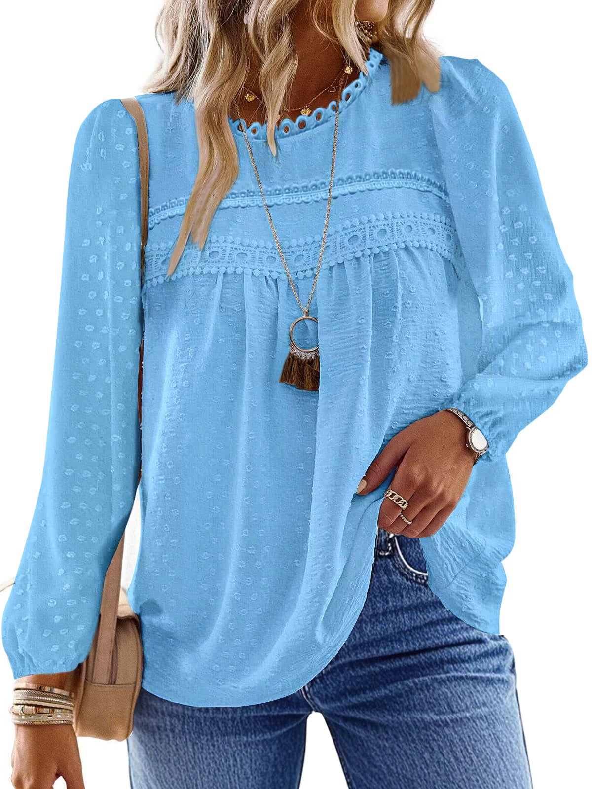 UVN Fall Shirts for Women Long Sleeve Blouses Ladies Crewneck Lace Crochet Tops Dressy Chiffon ...