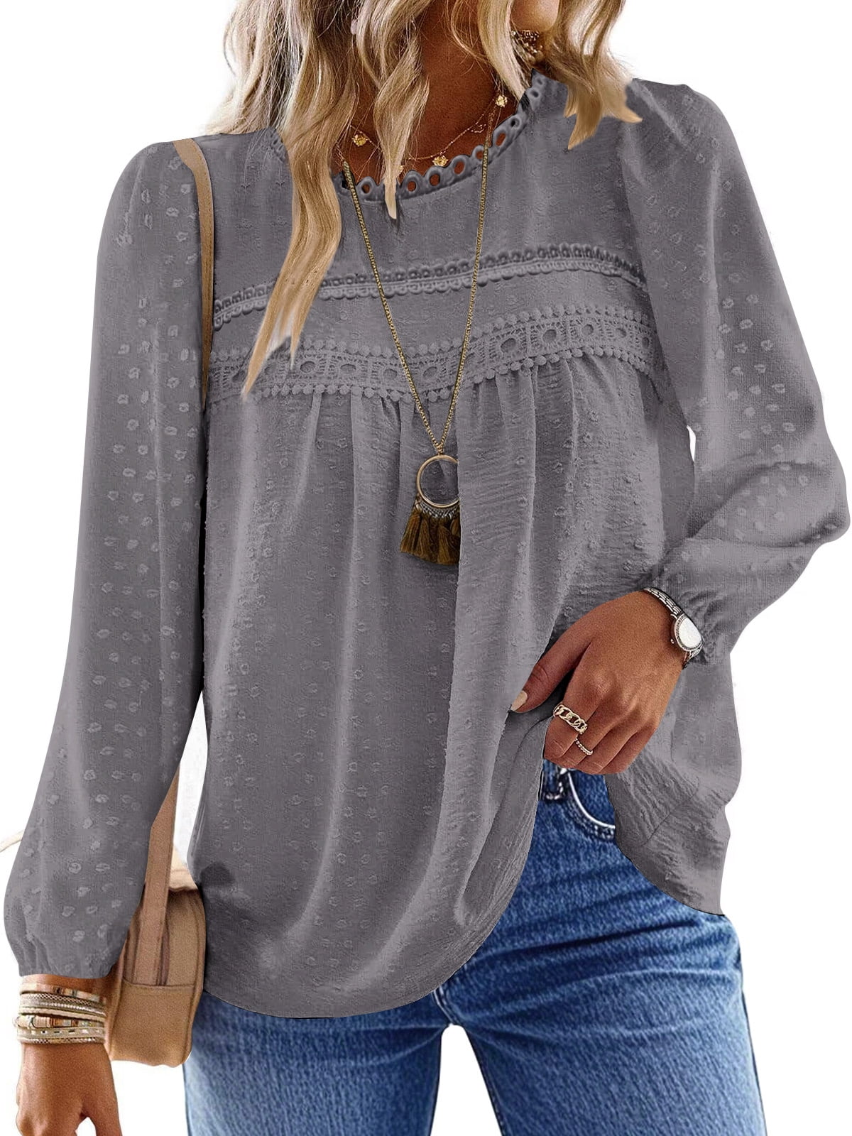 UVN Fall Shirts for Women Long Sleeve Blouses Ladies Crewneck Lace ...
