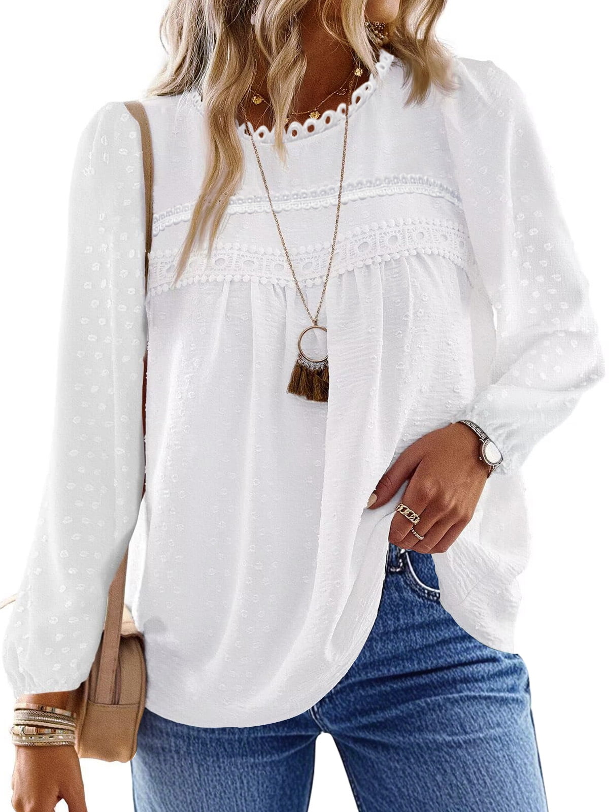 UVN Fall Shirts for Women Long Sleeve Blouses Ladies Crewneck Lace Crochet Tops Dressy Chiffon ...