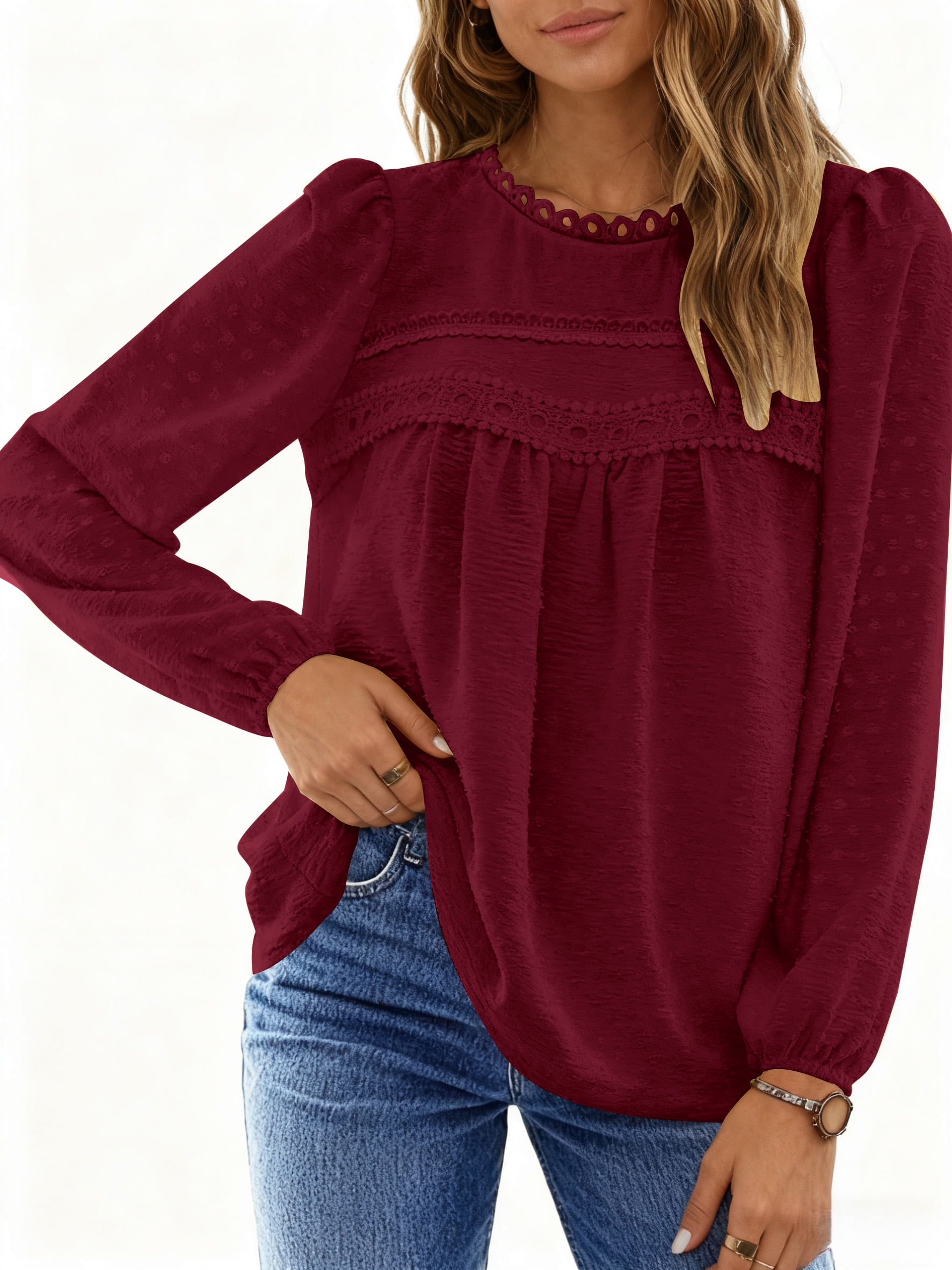 UVN Fall Shirts for Women Long Sleeve Blouses Ladies Crewneck Lace ...