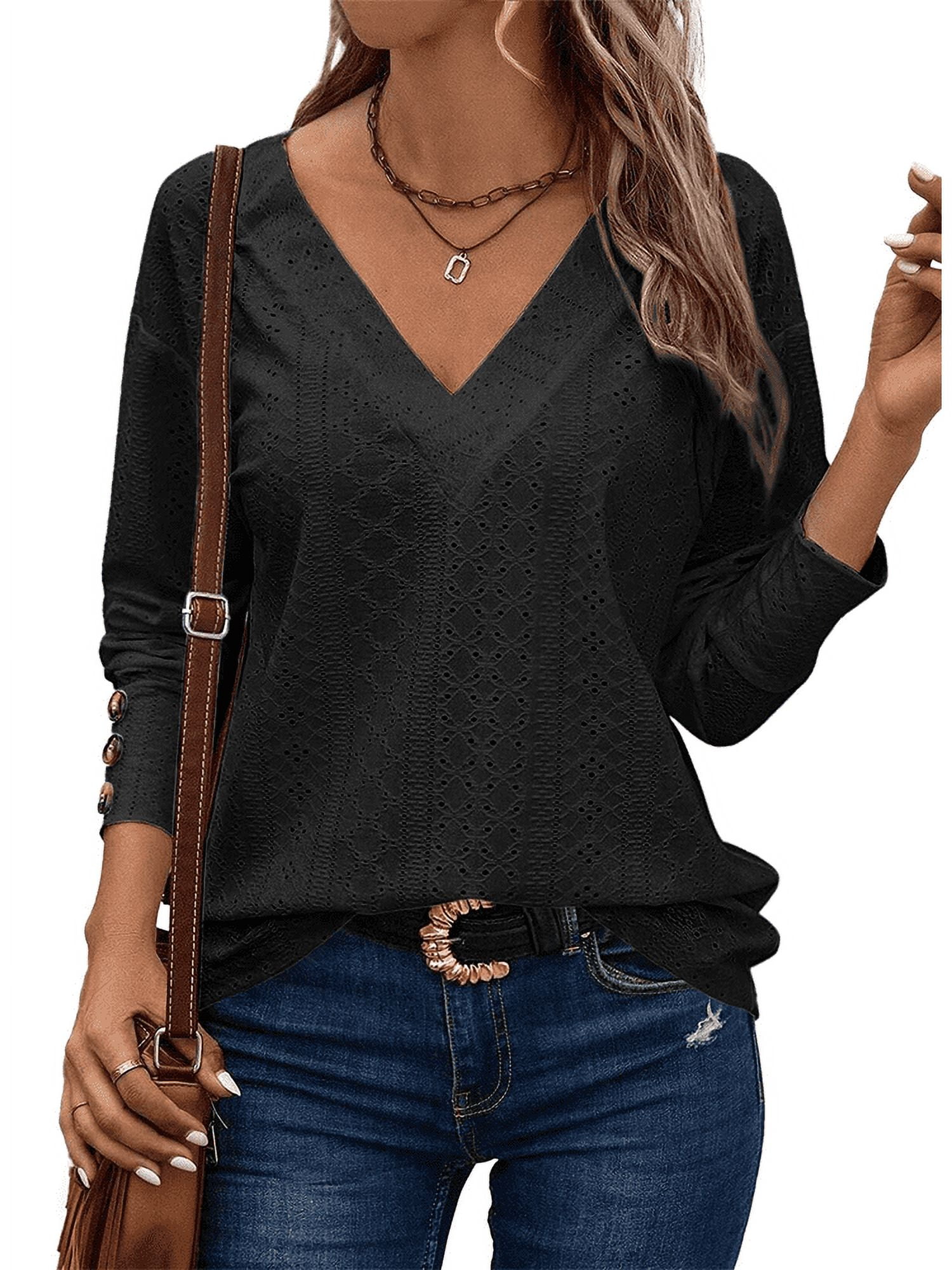 UVN Fall Blouses for Women V Neck Dressy Casual Eyelet Shirts Long ...