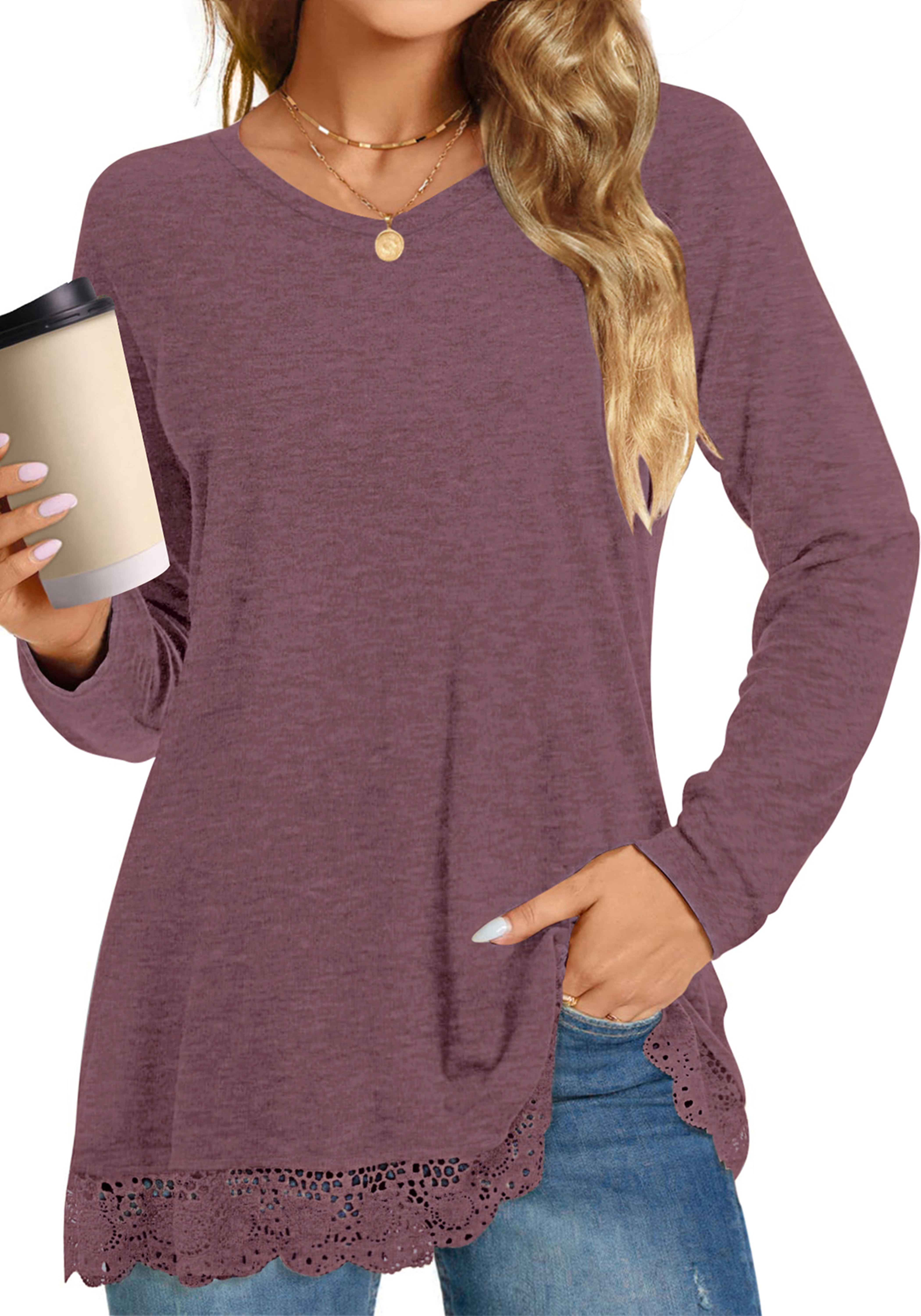 UVN Fall Tops for Women Long Sleeve Lace Trim V Neck Blouses Dressy ...