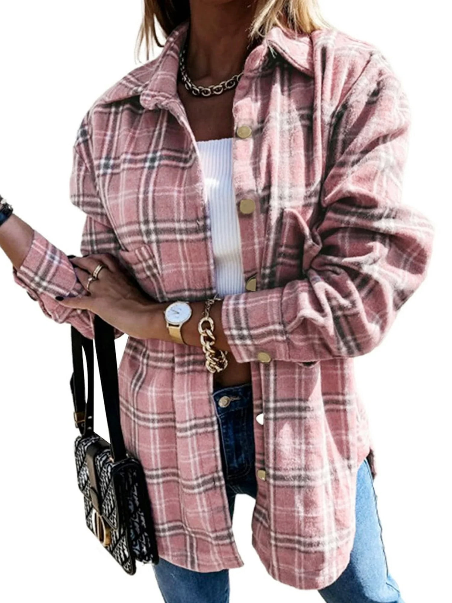 UVN Flannel Plaid Shirts for Women Shacket Jacket Long Sleeve Button ...