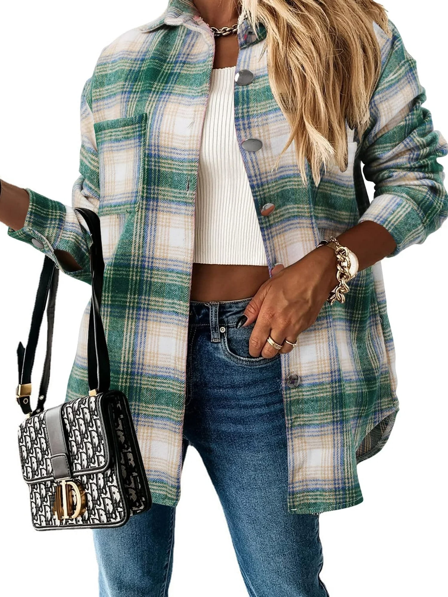UVN Flannel Plaid Shirts for Women Shacket Jacket Long Sleeve Button ...
