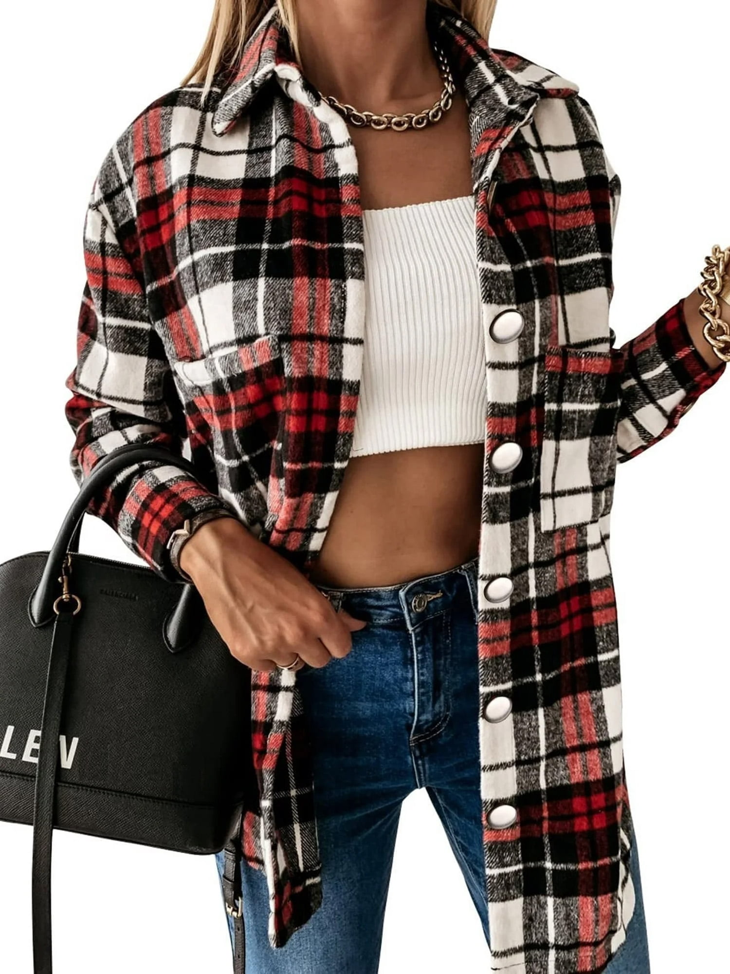 UVN Flannel Plaid Shirts for Women Shacket Jacket Long Sleeve Button ...