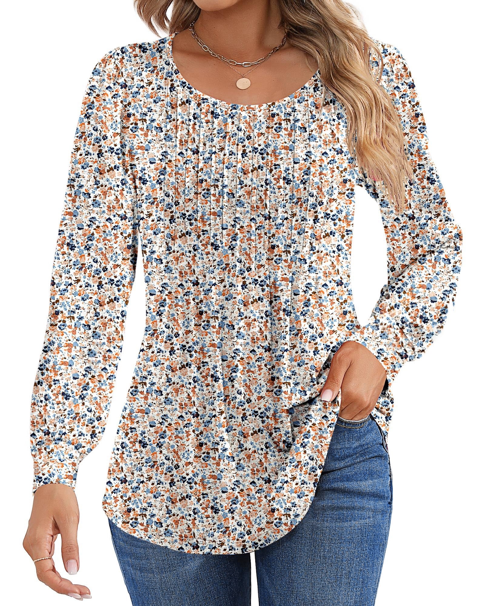 Shine Up Floral Blouses for Women Pleated Long Sleeve Shirts Casual ...