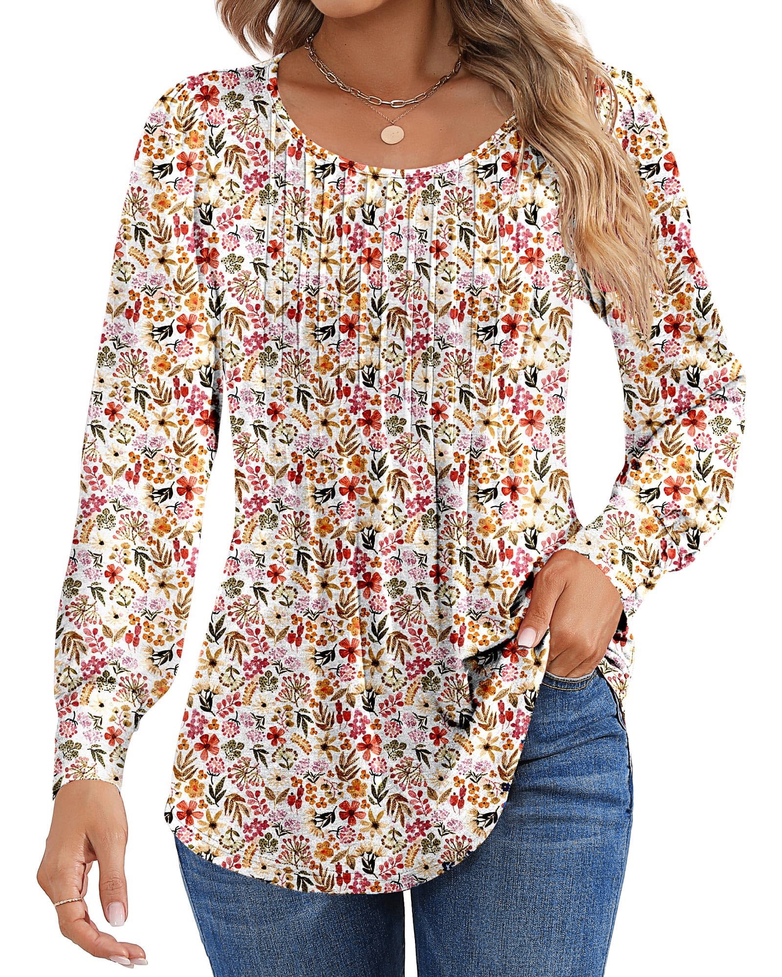 Shine Up Floral Blouses for Women Pleated Long Sleeve Shirts Casual ...
