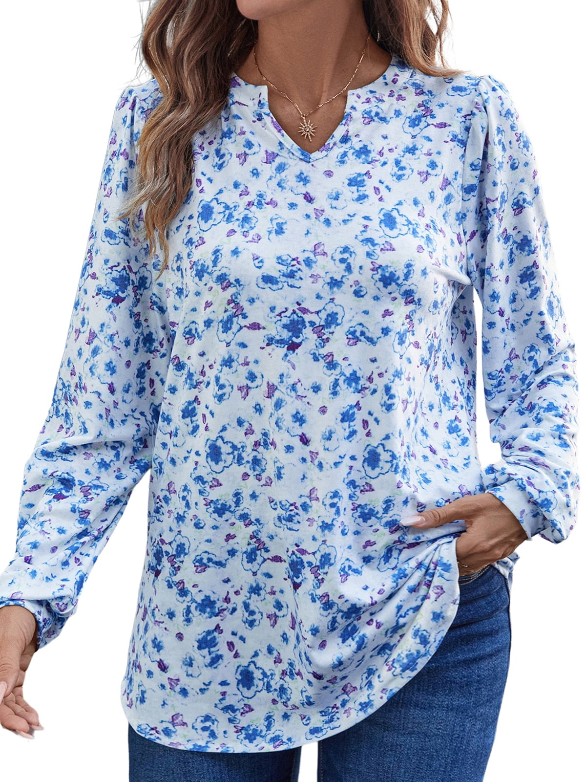 UVN Floral Print Blouses for Women V Neck Long Sleeve Shirts Boho ...