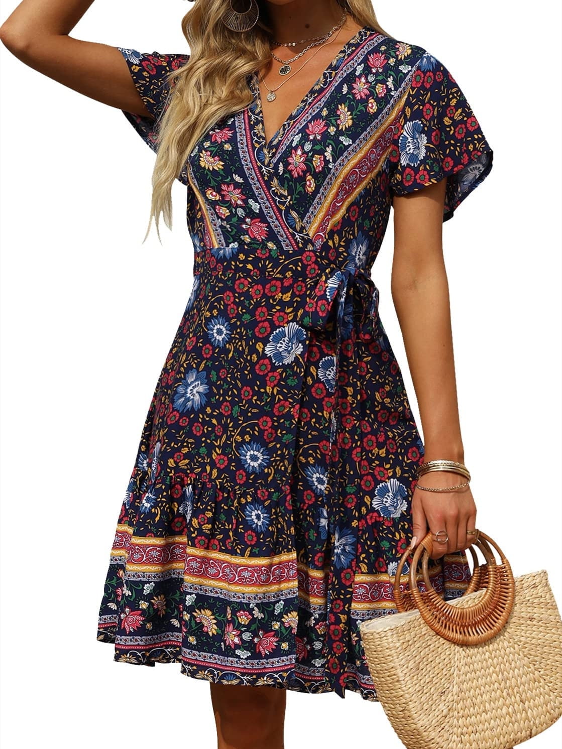 UVN Floral Print Dress Women V Neck Boho Dresses Ruffle Summer Wrap Swing A Line Beach Mini ...