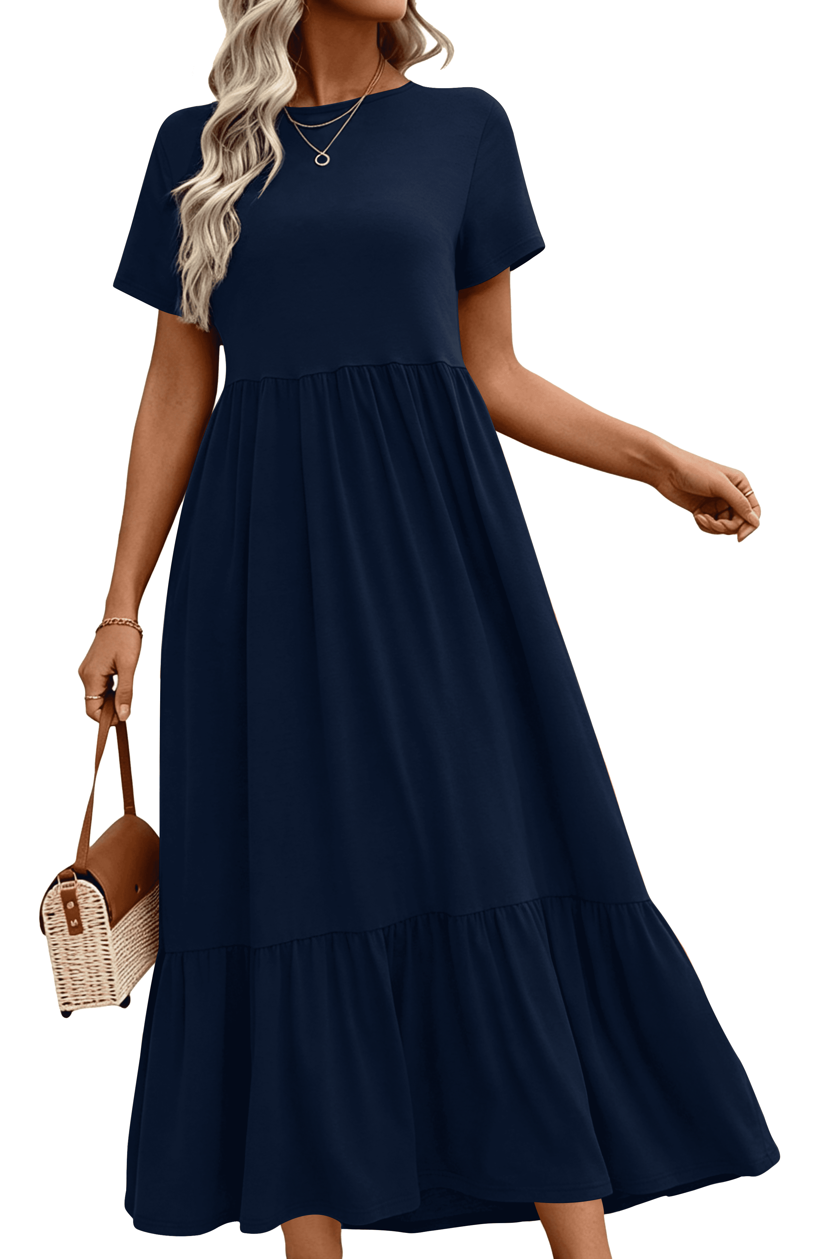 UVN Long Dresses for Women Summer Short Sleeve Casual Crewneck Maxi ...