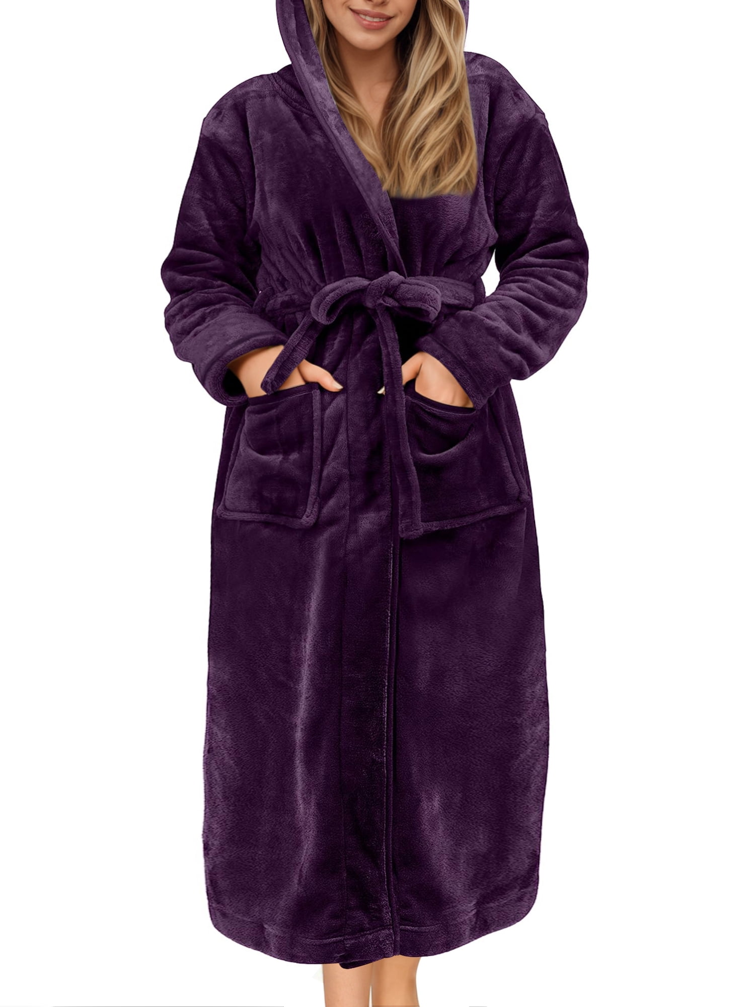 UVN Long Robes for Women Winter Plush Fleece Hooded Bathrobe Soft Cozy ...