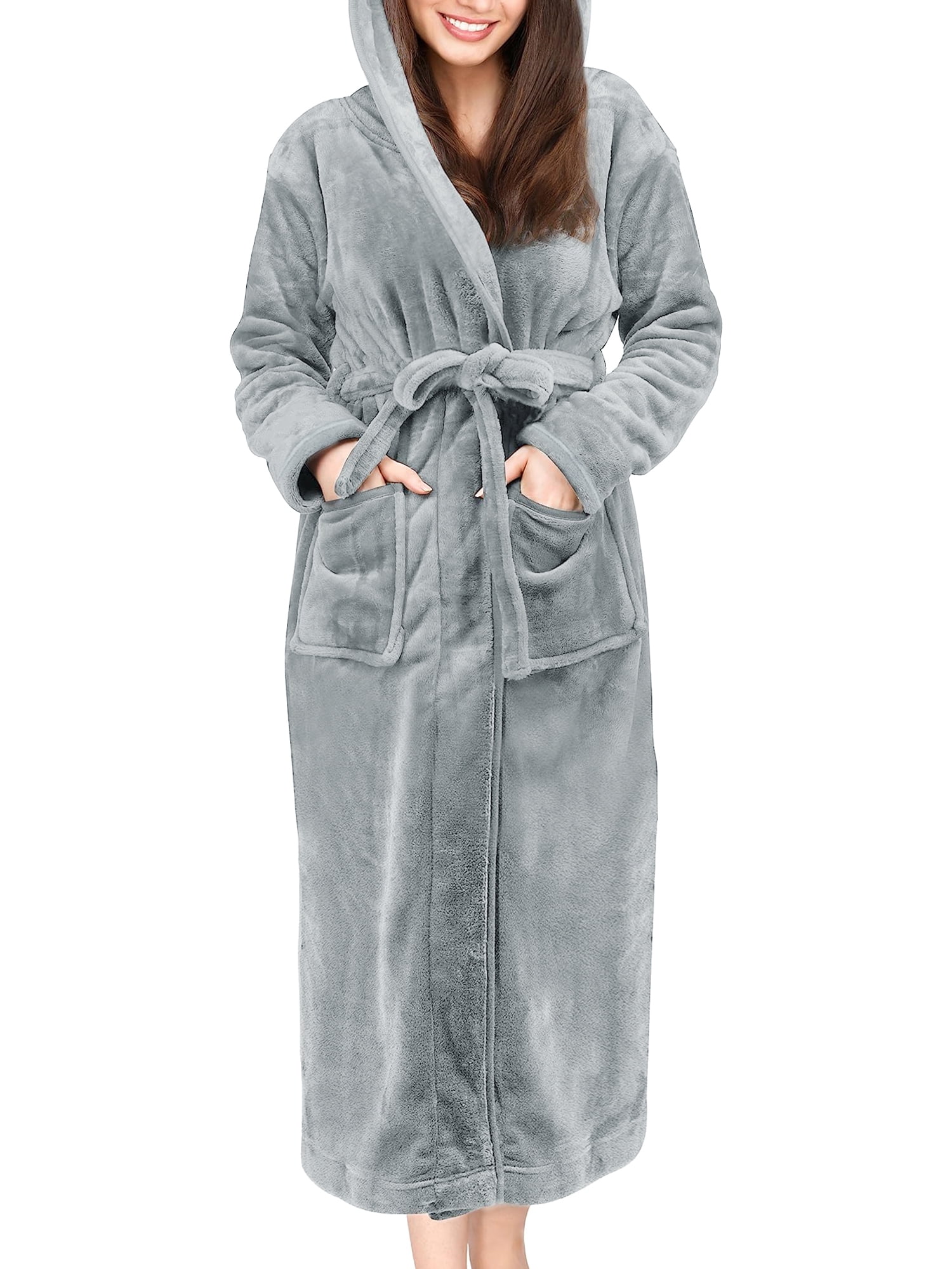 UVN Long Robes for Women Winter Plush Fleece Hooded Bathrobe Soft Cozy ...