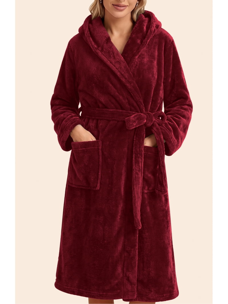 UVN Long Robes for Women Winter Plush Fleece Hooded Bathrobe Soft Cozy ...