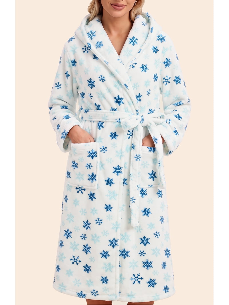UVN Long Robes for Women Winter Plush Fleece Hooded Bathrobe Soft Cozy ...