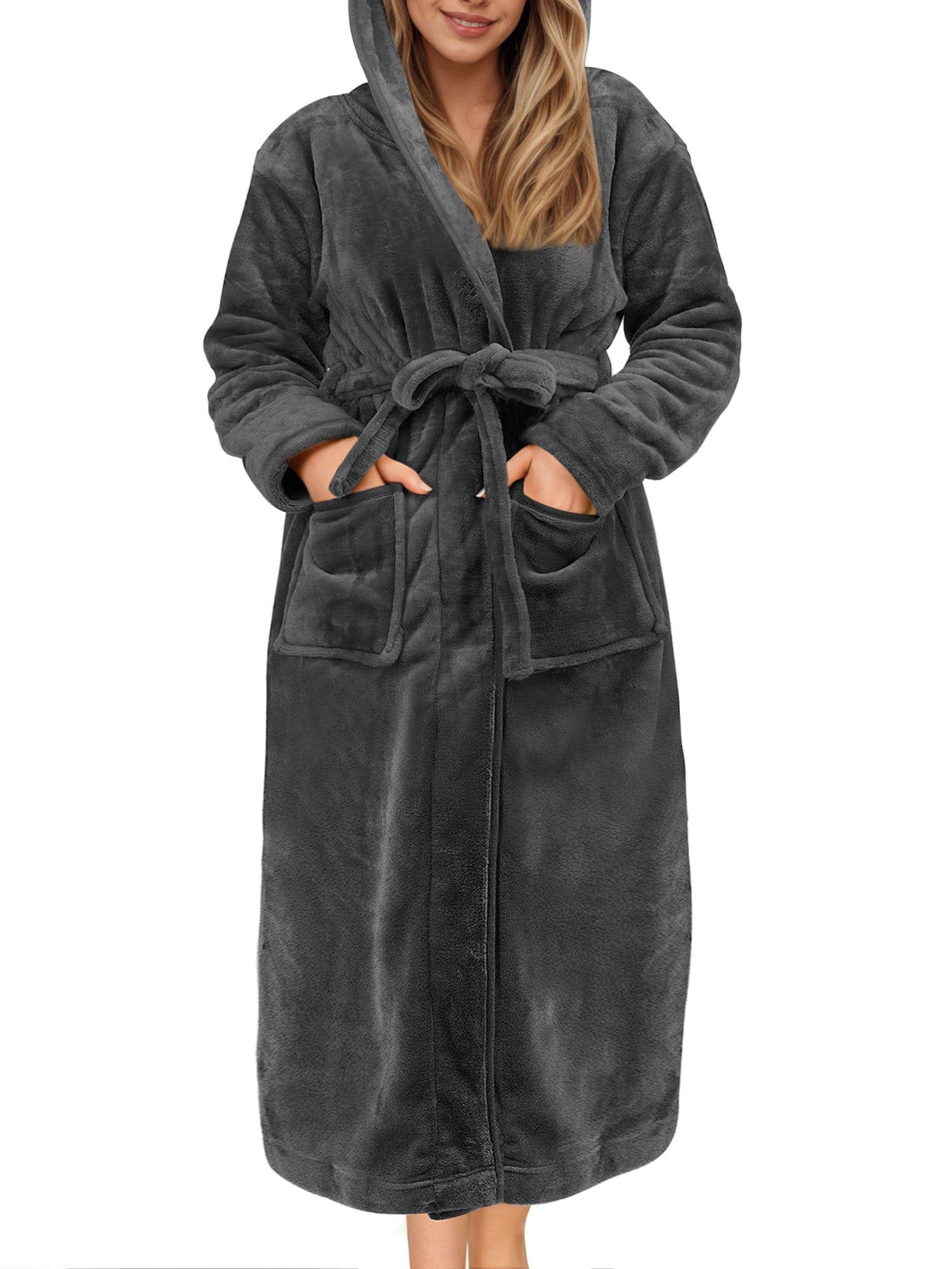 UVN Long Robes for Women Winter Plush Fleece Hooded Bathrobe Soft Cozy ...