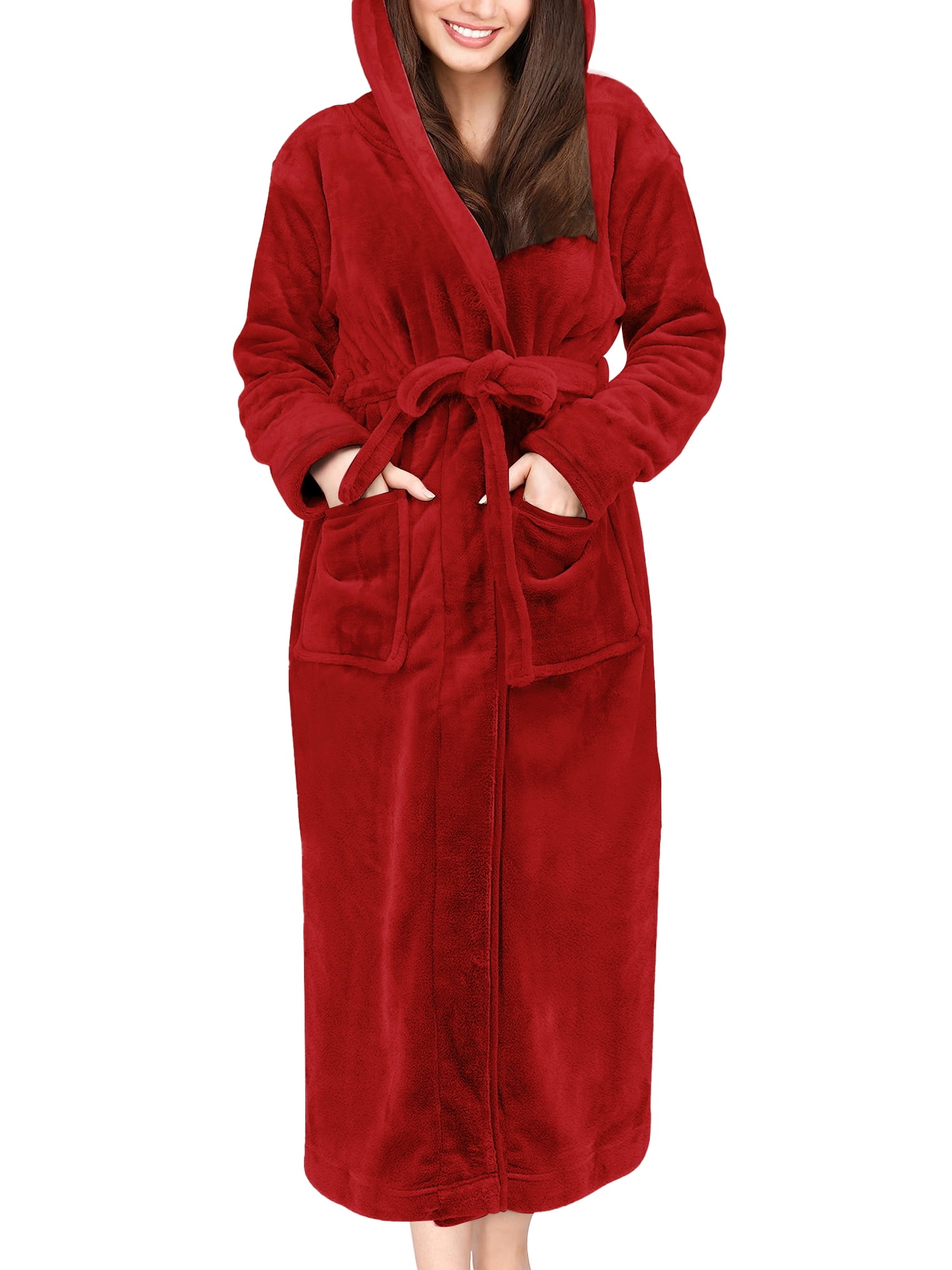 UVN Long Robes for Women Winter Plush Fleece Hooded Bathrobe Soft Cozy ...