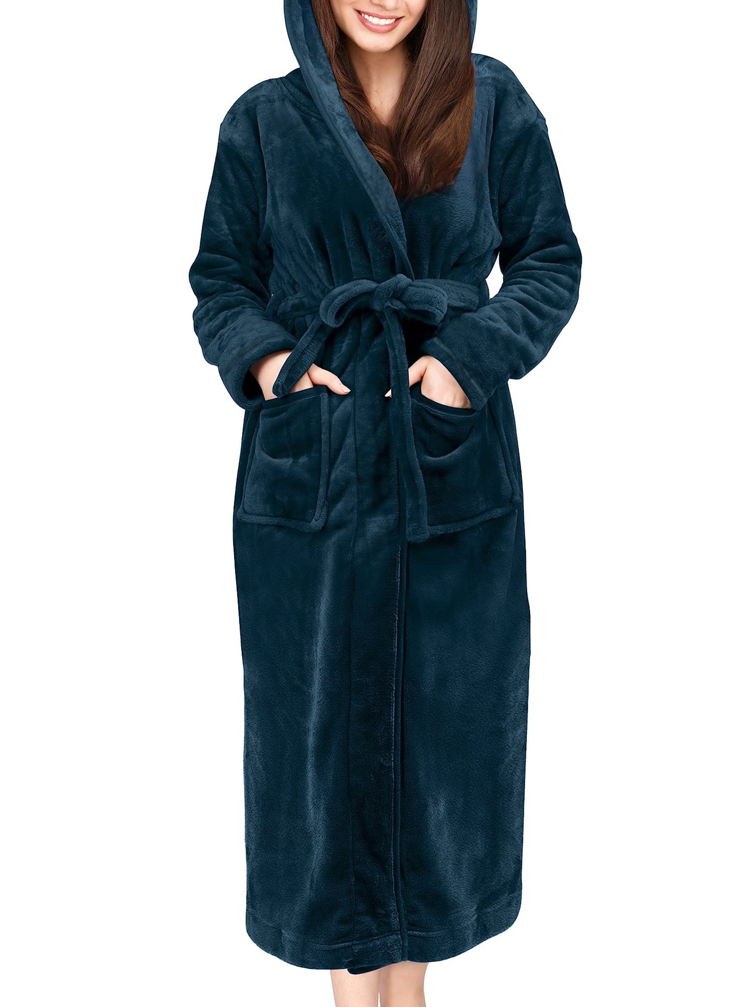 UVN Long Robes for Women Winter Plush Fleece Hooded Bathrobe Soft Cozy ...