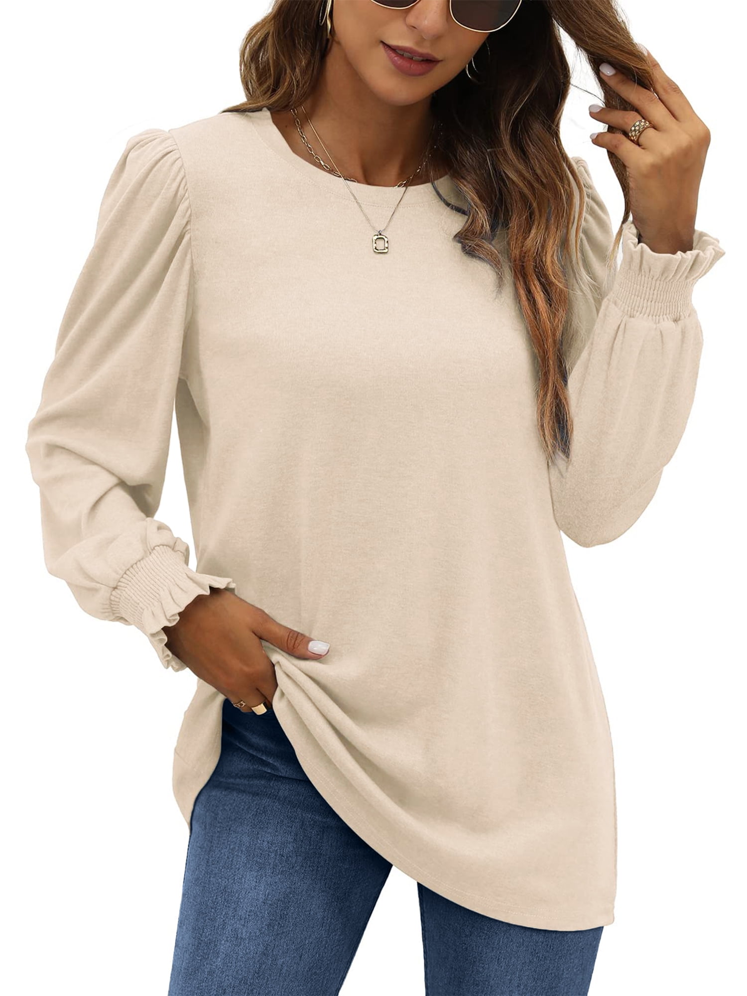 Uvn Long Sleeve Shirts For Women Blouse Casual Puff Sleeve Crewneck