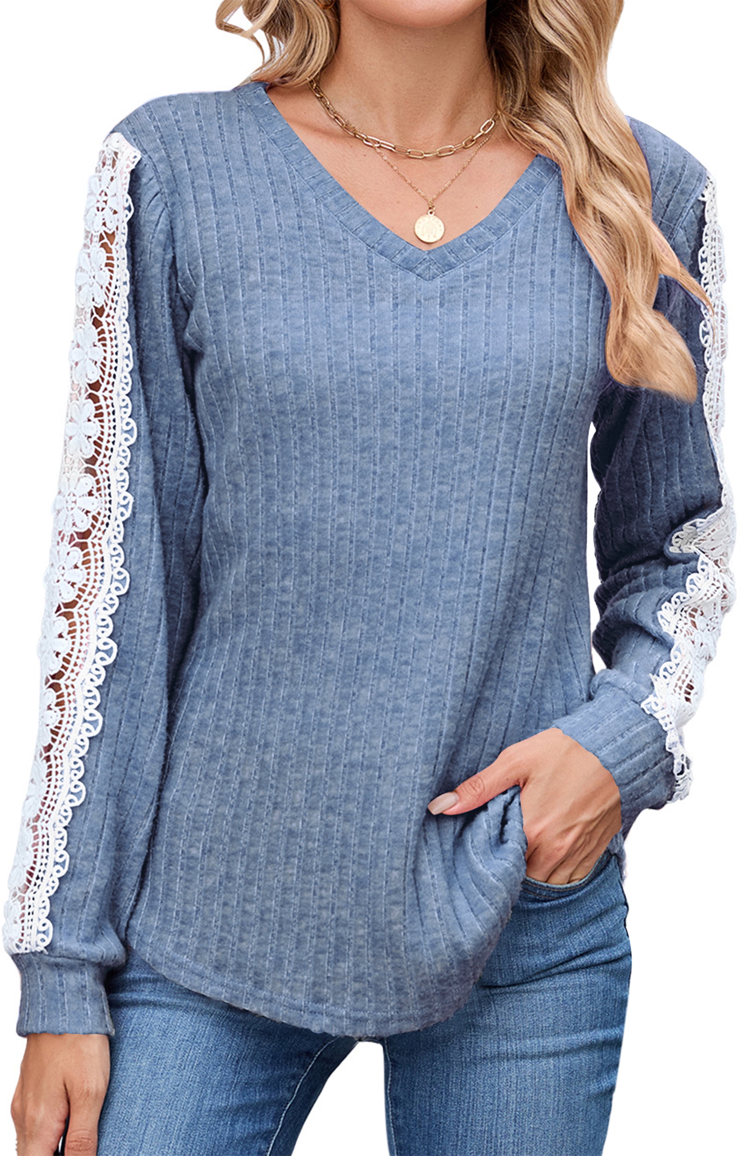 UVN Long Sleeve Shirts for Women Fall V Neck Lace Blouses Casual Dressy ...