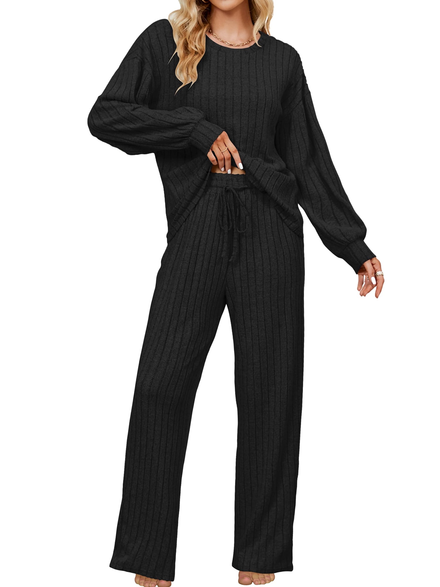 UVN Pajama Sets for Women Long Sleeve Lounge Set Ribbed Knit Sleepwear ...