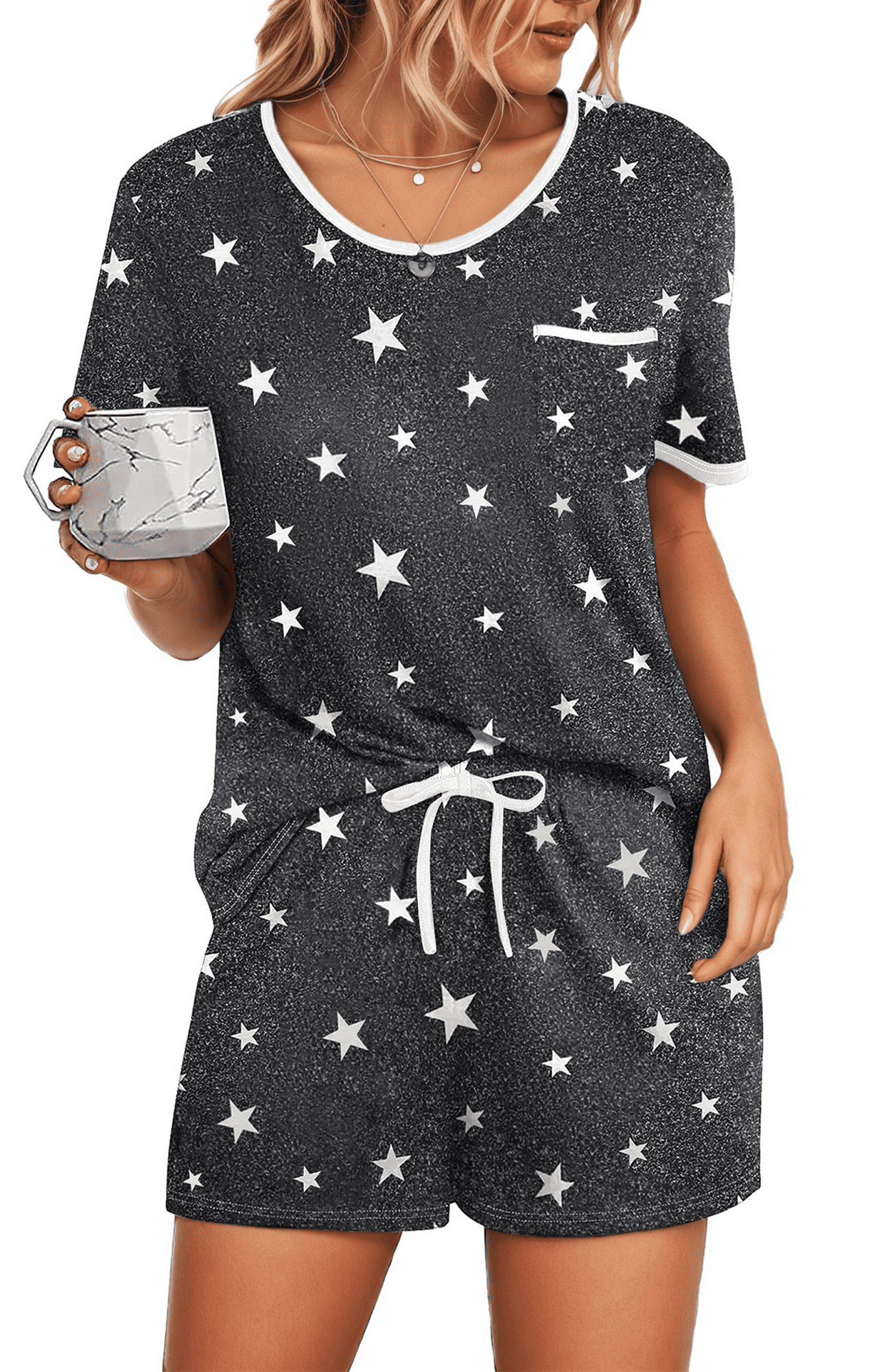 UVN Pajamas Sets for Women 2 Piece Lounge Set Short Sleeve Tops and ...
