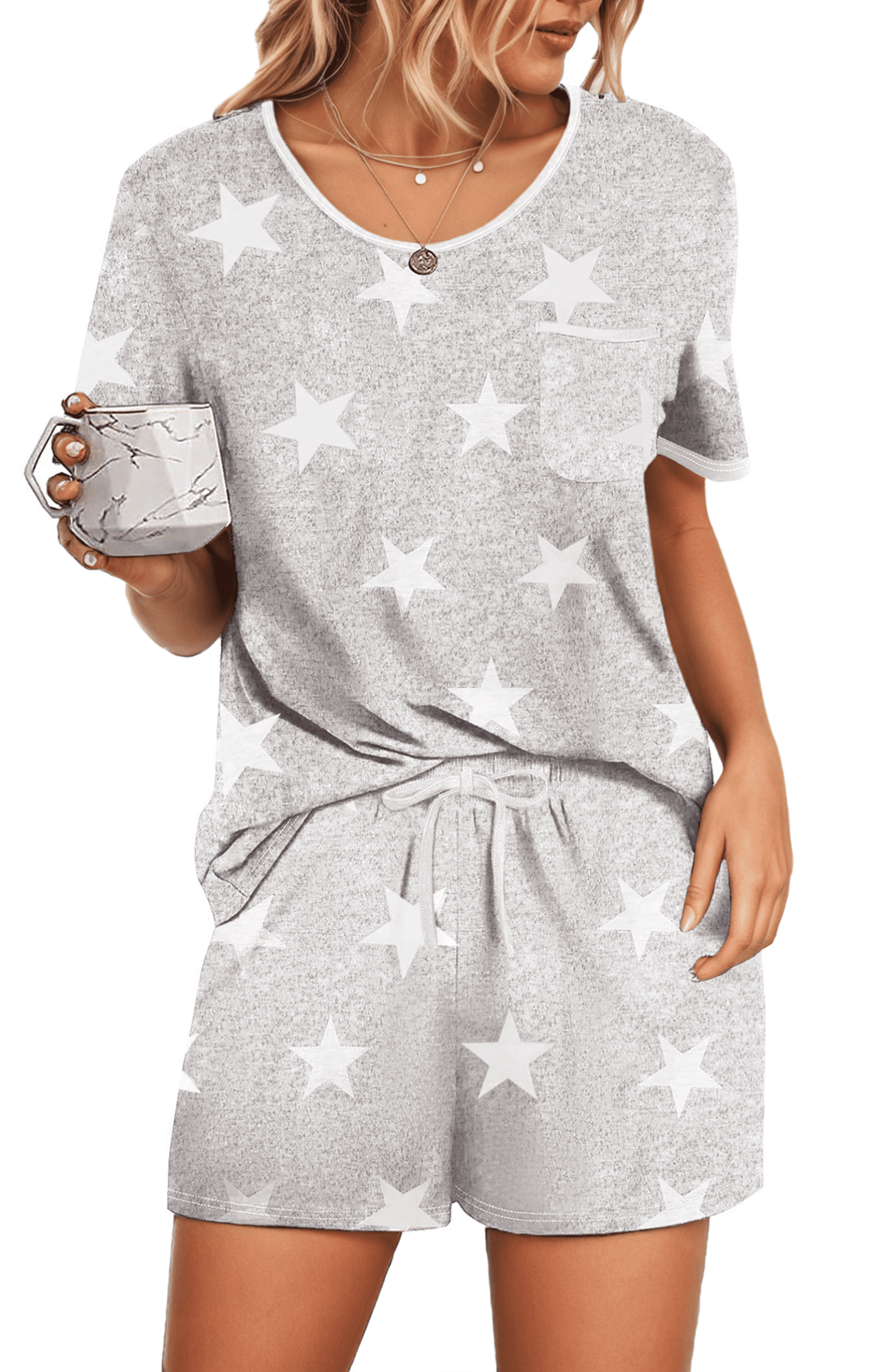 UVN Pajamas Sets for Women 2 Piece Lounge Set Short Sleeve Tops and ...