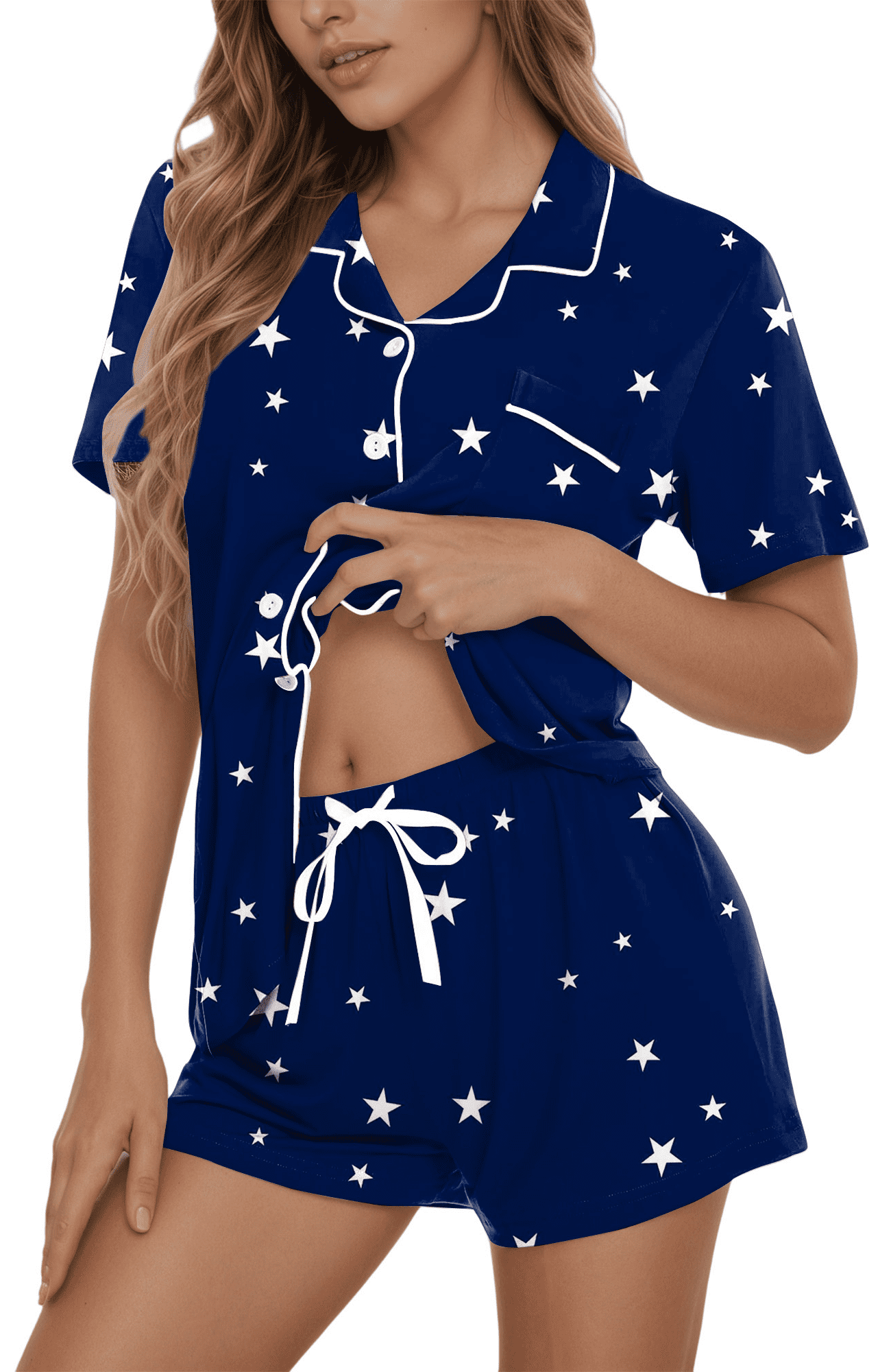 UVN Pajamas Sets for Women Button Down Short Sleeve Tops and Drawstring ...