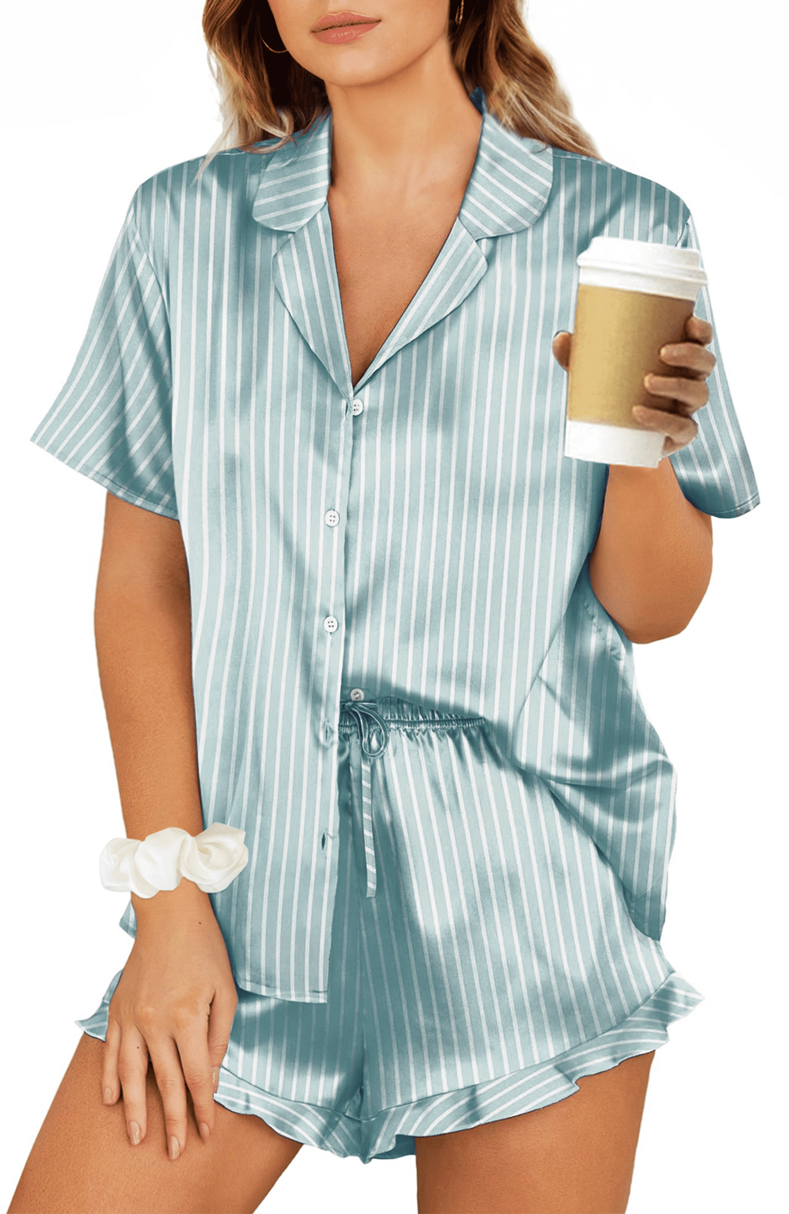 UVN Pajamas Sets for Women Short Sleeve Button Down Tops and Ruffle ...