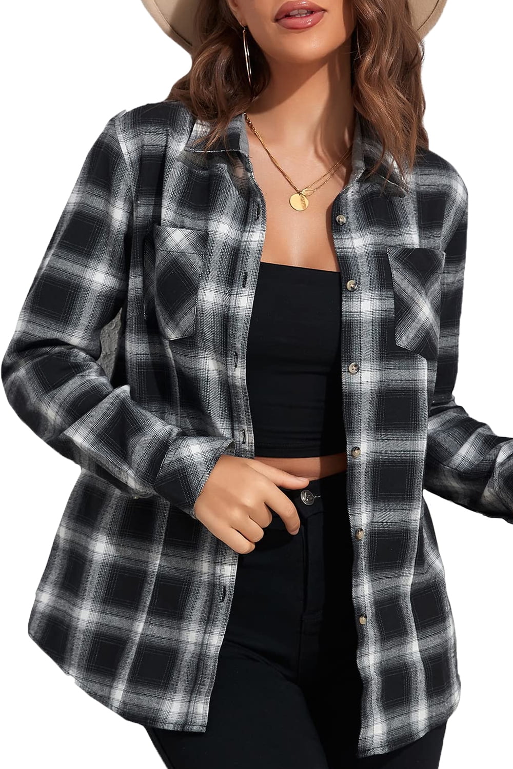 UVN Plaid Shirt for Women Oversized Flannel Long Sleeve Shirts Casual ...