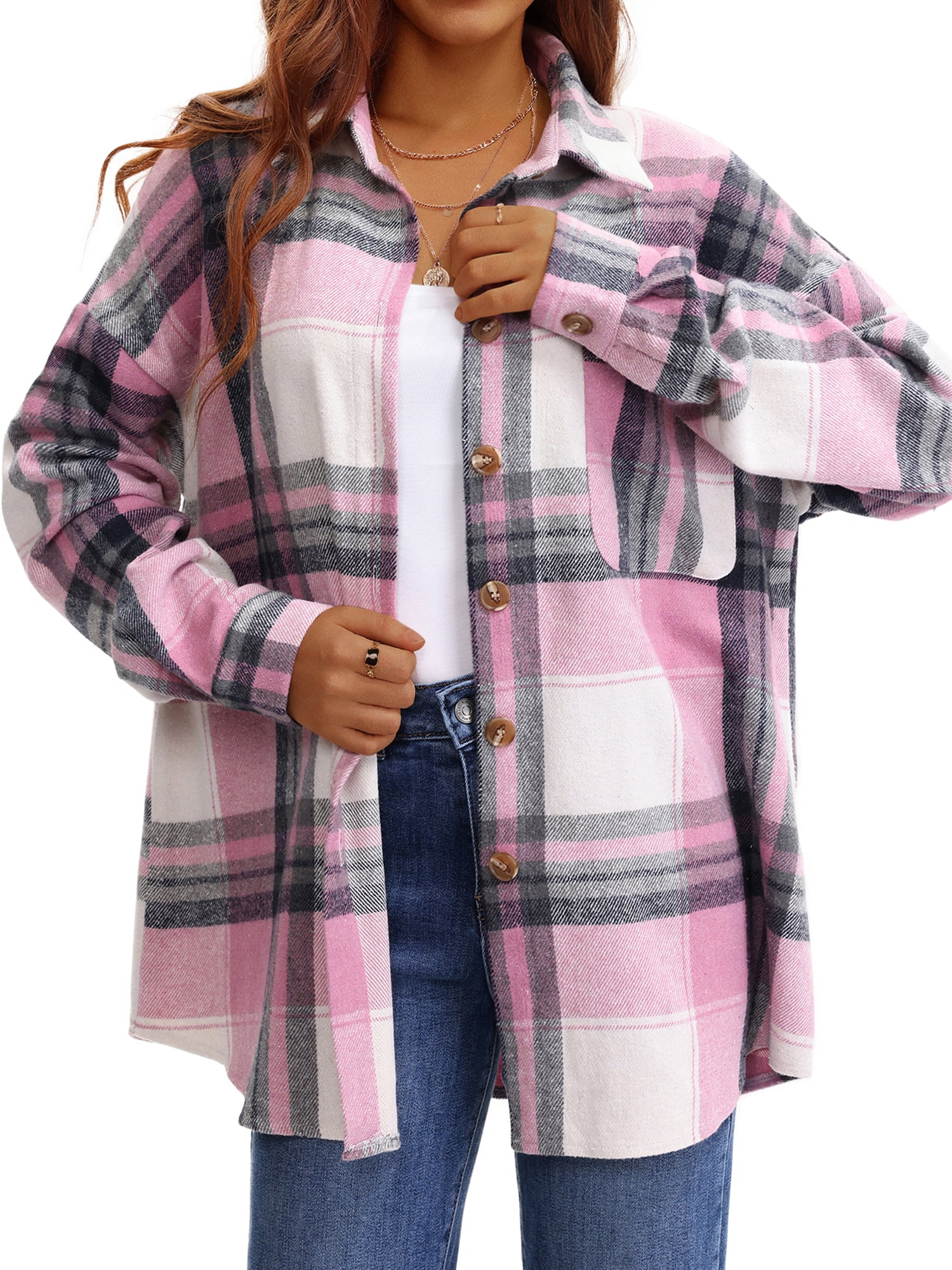 UVN Plaid Shirts for Women Flannel Long Sleeve Shacket Jacket Ladies ...