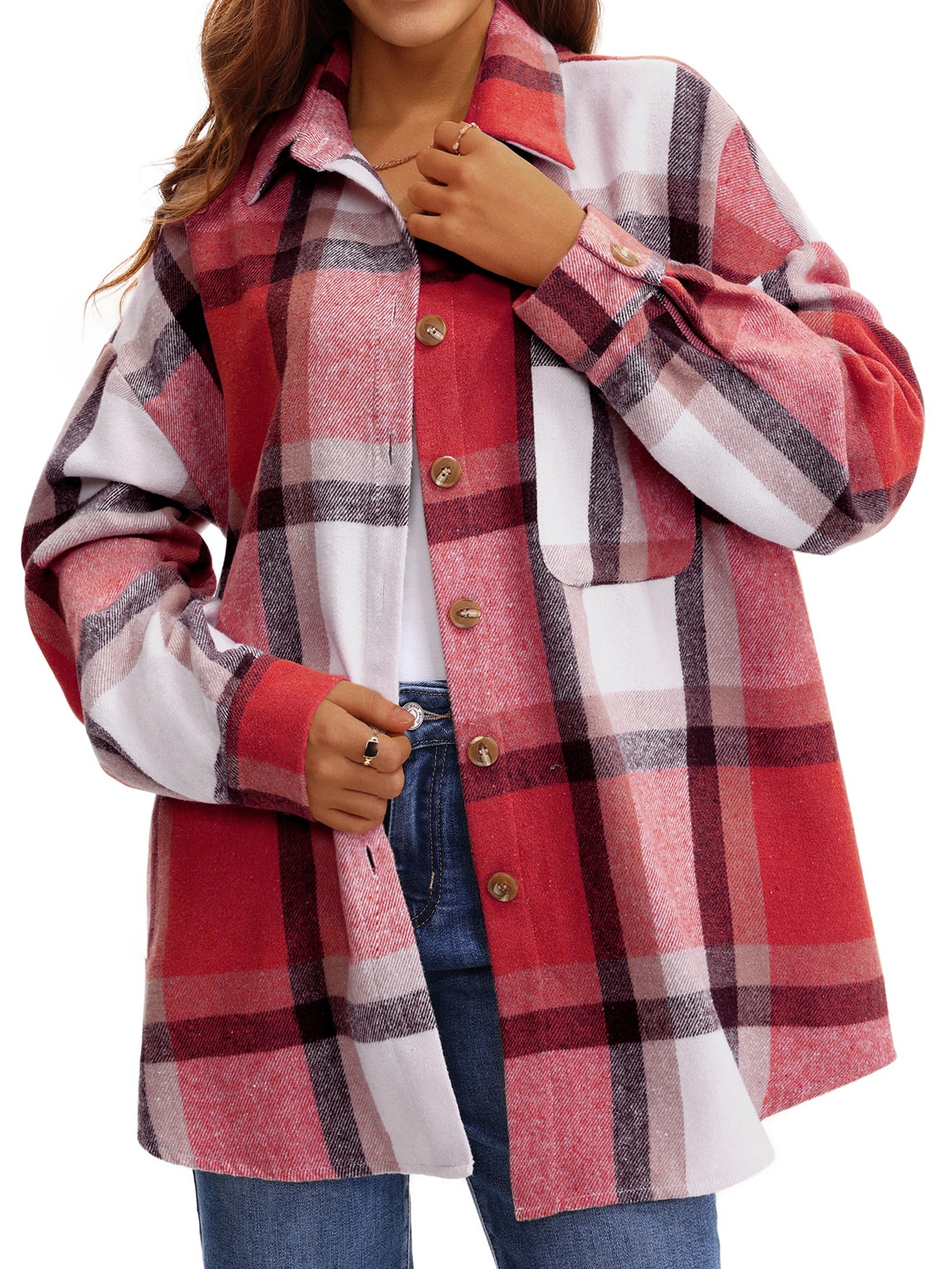 UVN Plaid Shirts for Women Flannel Long Sleeve Shacket Jacket Ladies ...