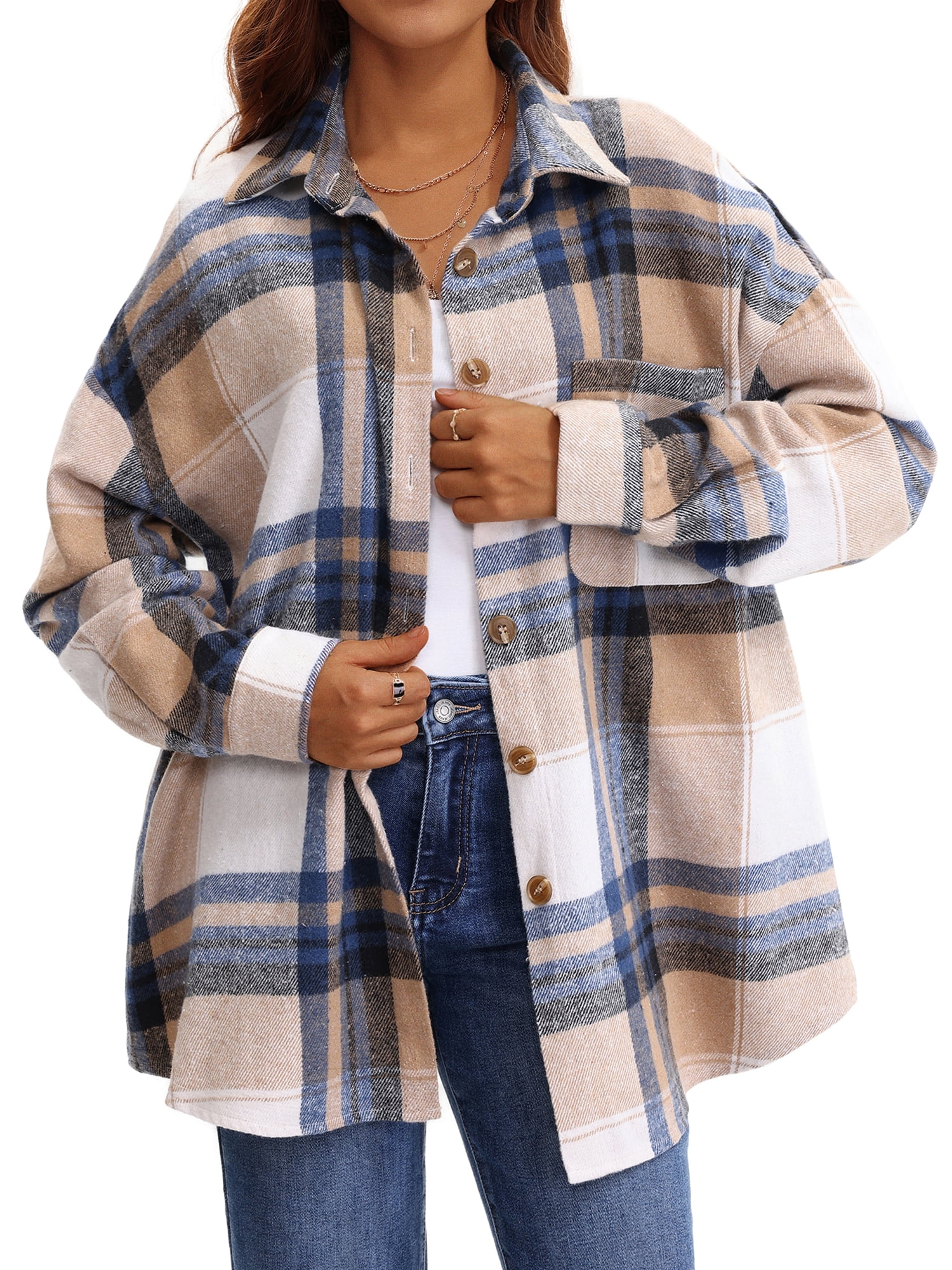 UVN Plaid Shirts for Women Flannel Long Sleeve Shacket Jacket Ladies ...