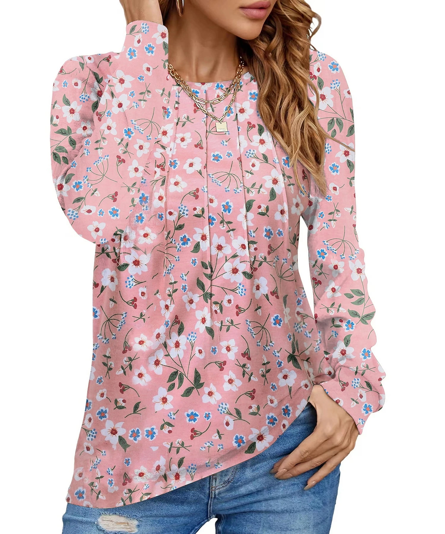 UVN Pleated Womens Blouses Crewneck Long Sleeve Shirts Casual Dressy ...